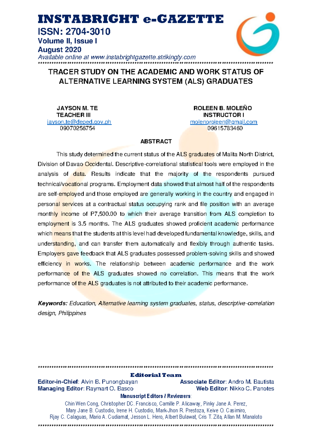 Tracer Study on ALS Graduates' Academic and Work Status (INSTABRIGHT ...