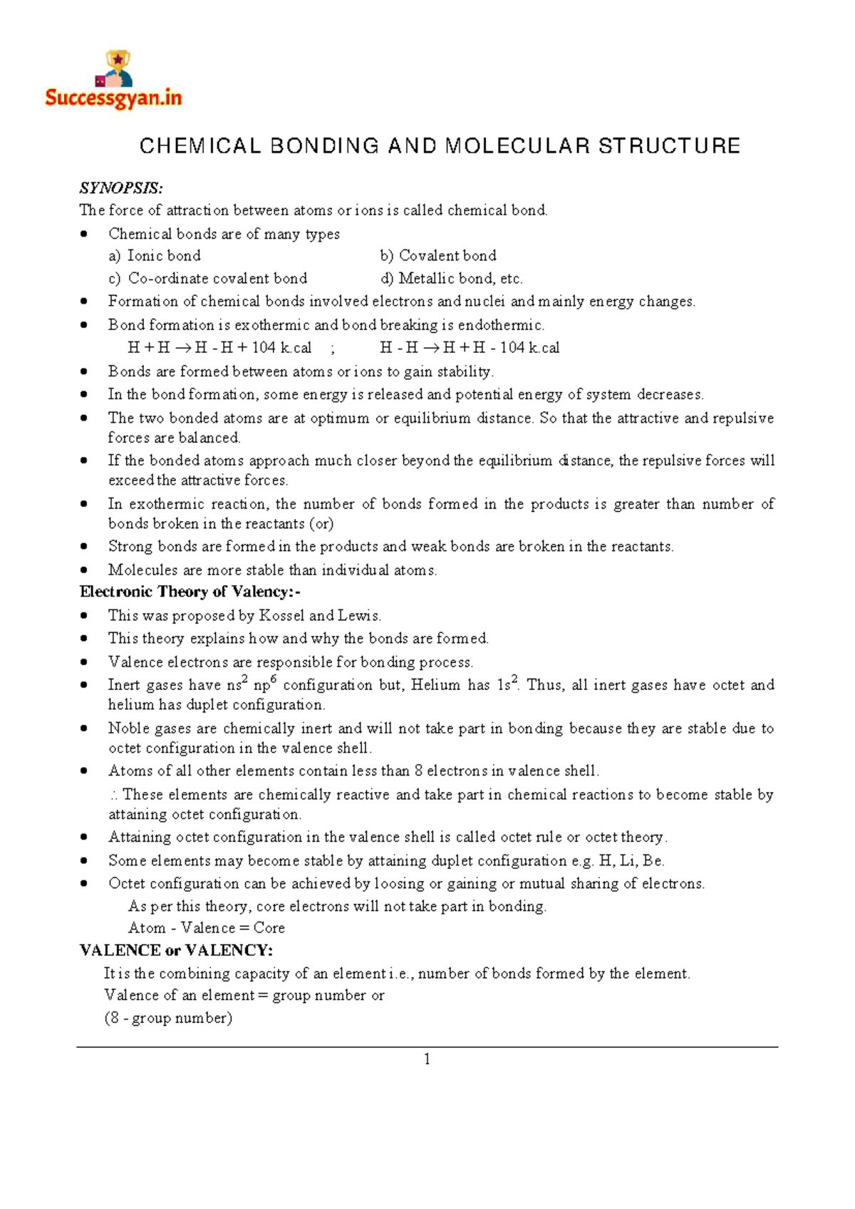 Chemical Bonding and Molecular Structure (CHEM 101) - Key Concepts ...