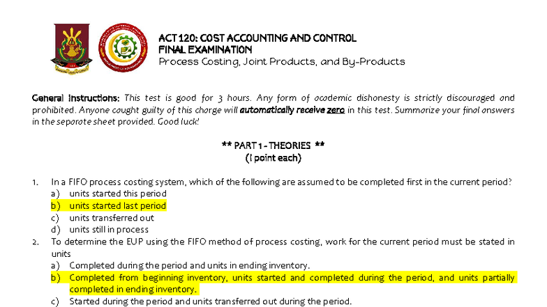 ACT 120: Cost Accounting & Control Final Exam Review with Answers - Studocu