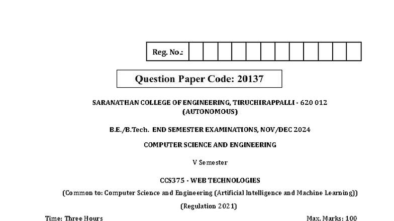 CCS375 Web Technologies End Semester Exam Questions 2024 - Studocu