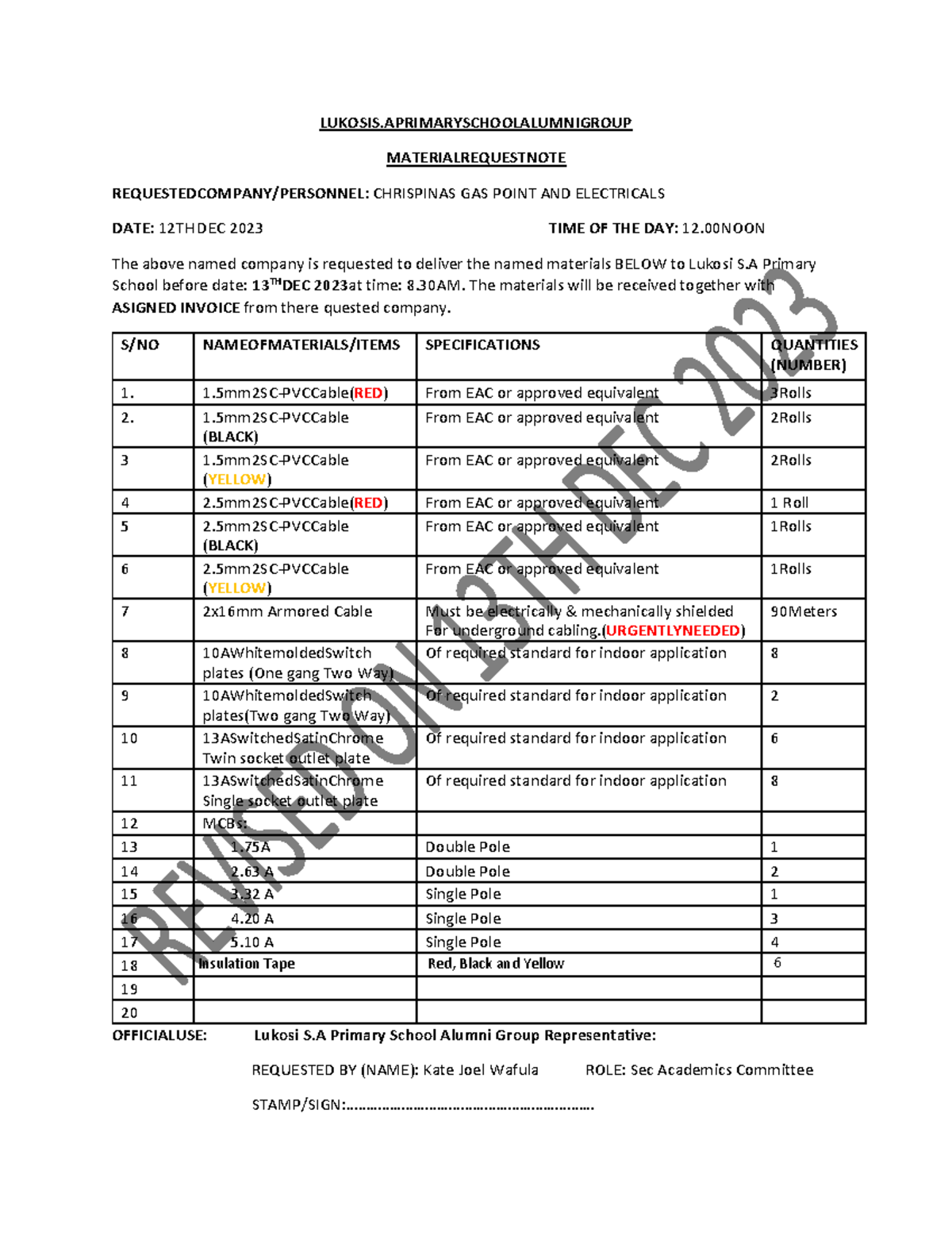 Material Request CHR3 - LUKOSIS MATERIALREQUESTNOTE REQUESTEDCOMPANY/PERSONNEL: CHRISPINAS GAS ...