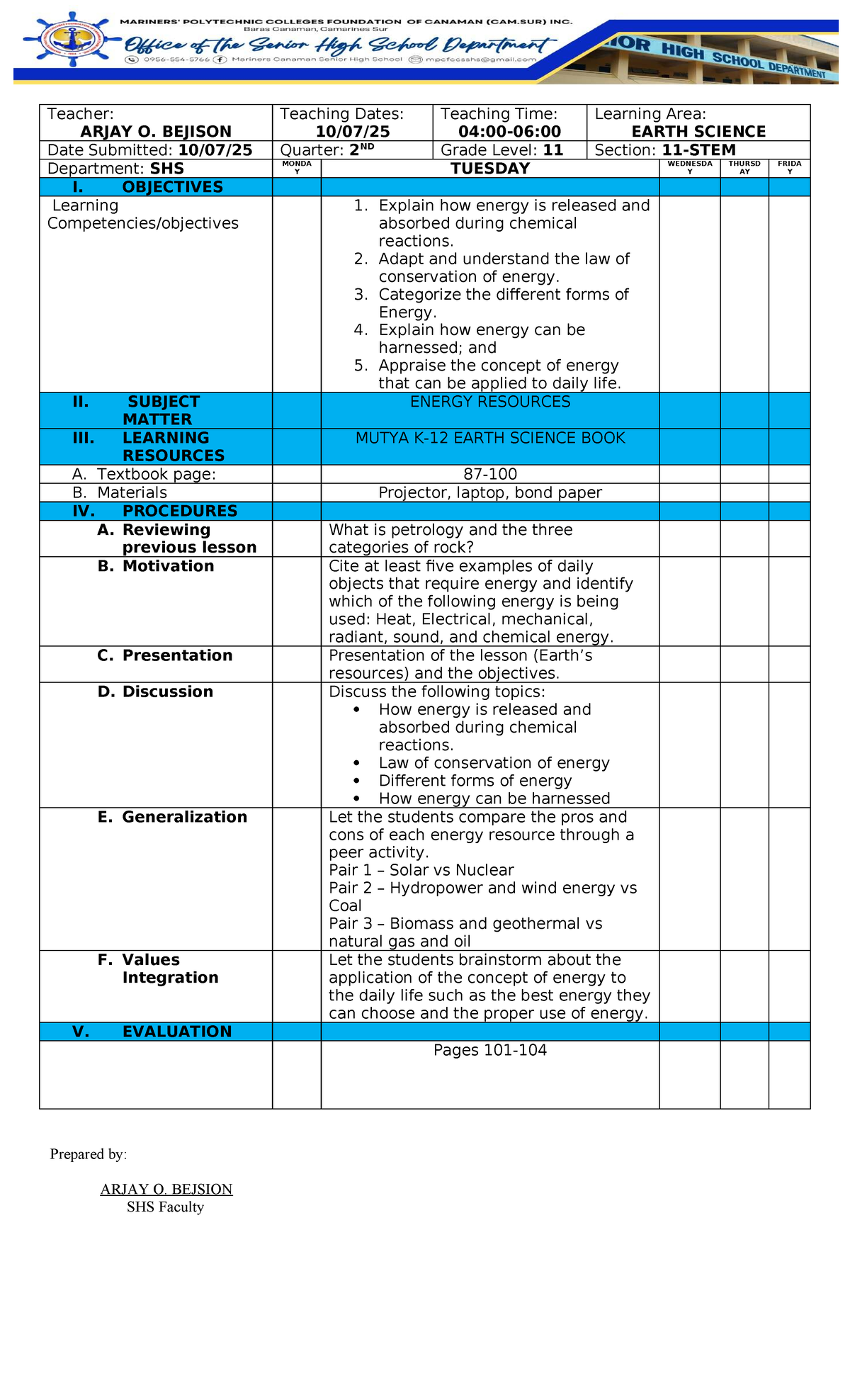 DLL 1 - Daily Lesson Log for SHS Earth Science (Grade 11) - Studocu