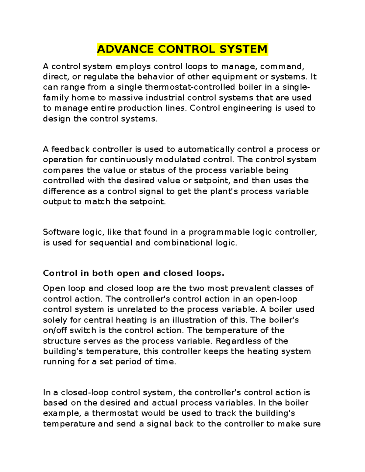 Advanced Control Systems: Principles, Feedback Loops, and Applications ...