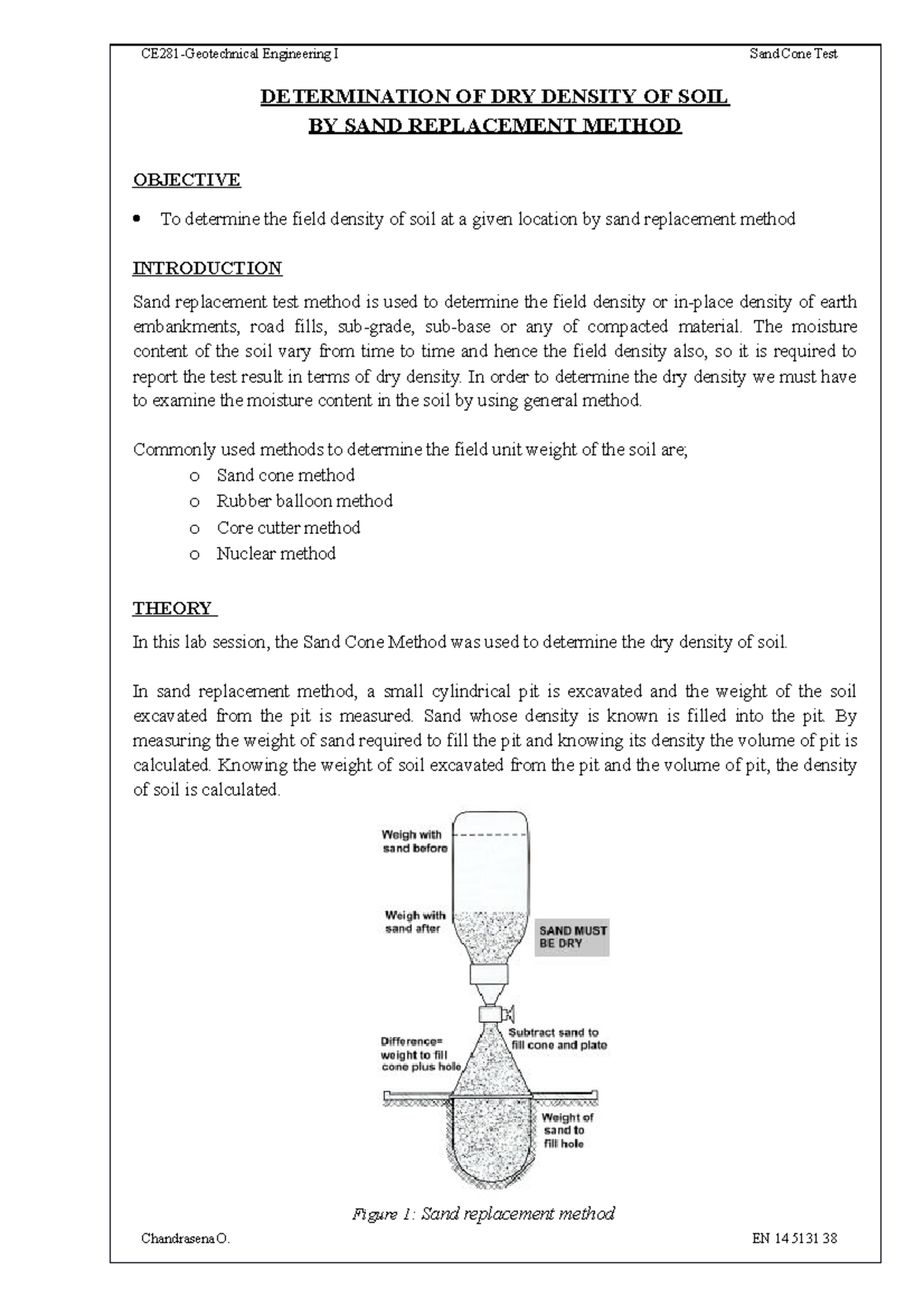 Lab Report: Determining Dry Density of Soil by Sand Replacement Method ...