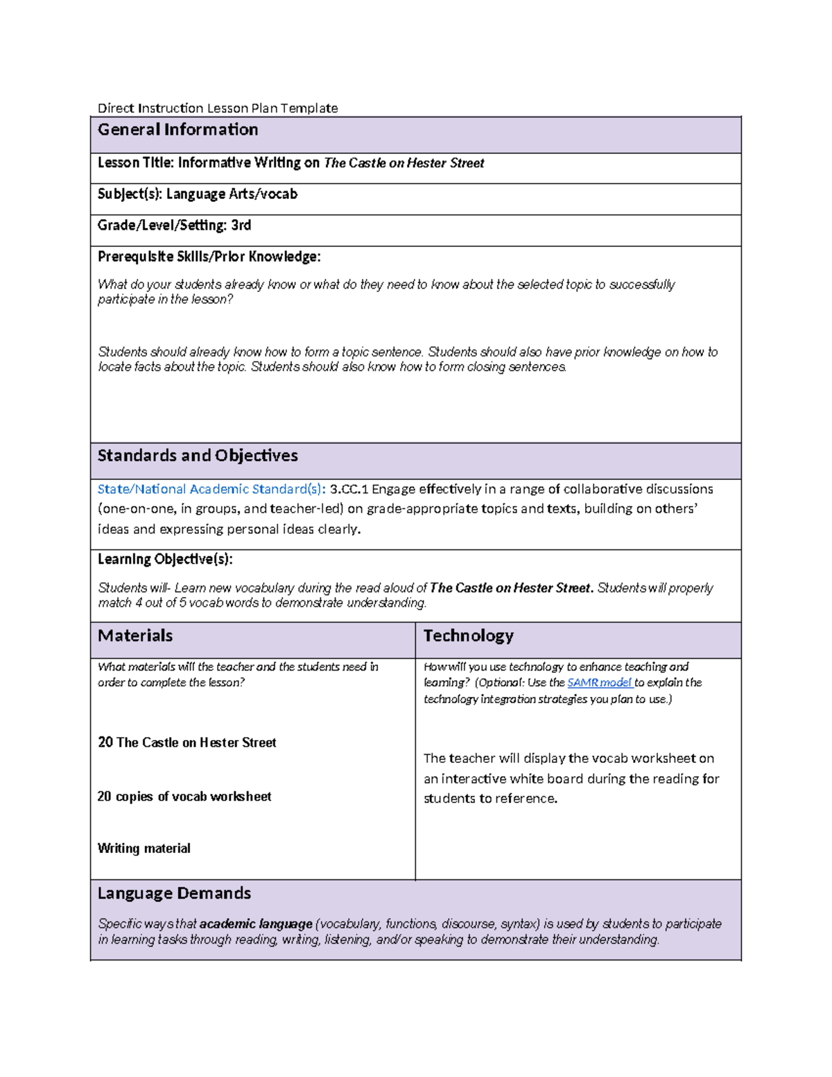 Lesson plan 10-17-24 The Castle on Hester Street - Direct Instruction ...