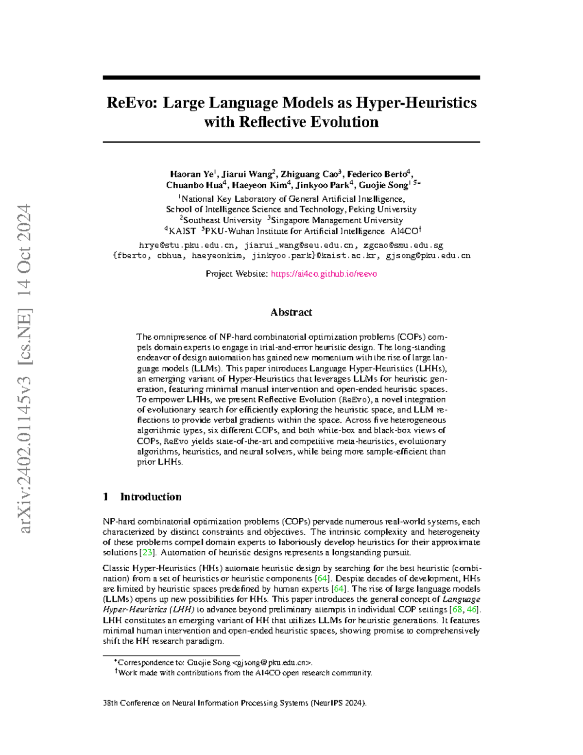 ReEvo: Leveraging LLMs for Combinatorial Optimization (COPs) - Studocu