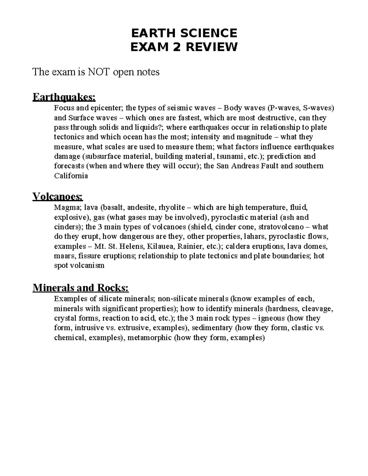 Earth Science Exam 2 Review: Earthquakes, Volcanoes, & Rocks - Studocu