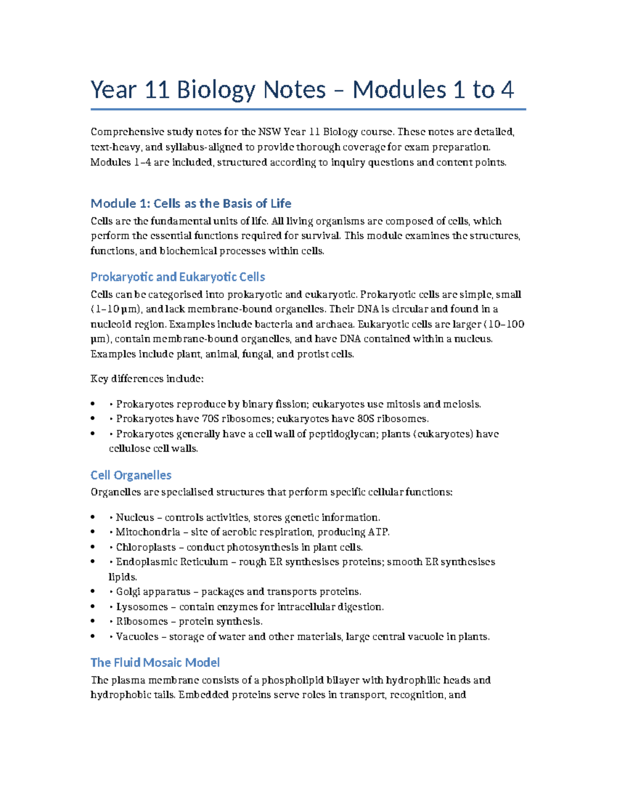Year 11 Biology Notes (Modules 1-4) for NSW Exam Prep - Studocu