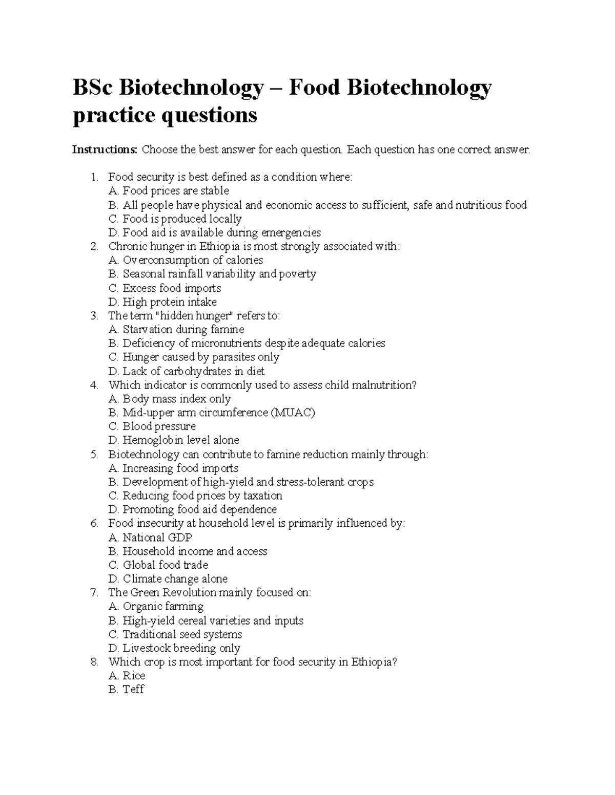 BSc Biotechnology - Food Biotechnology Practice Questions - Studocu