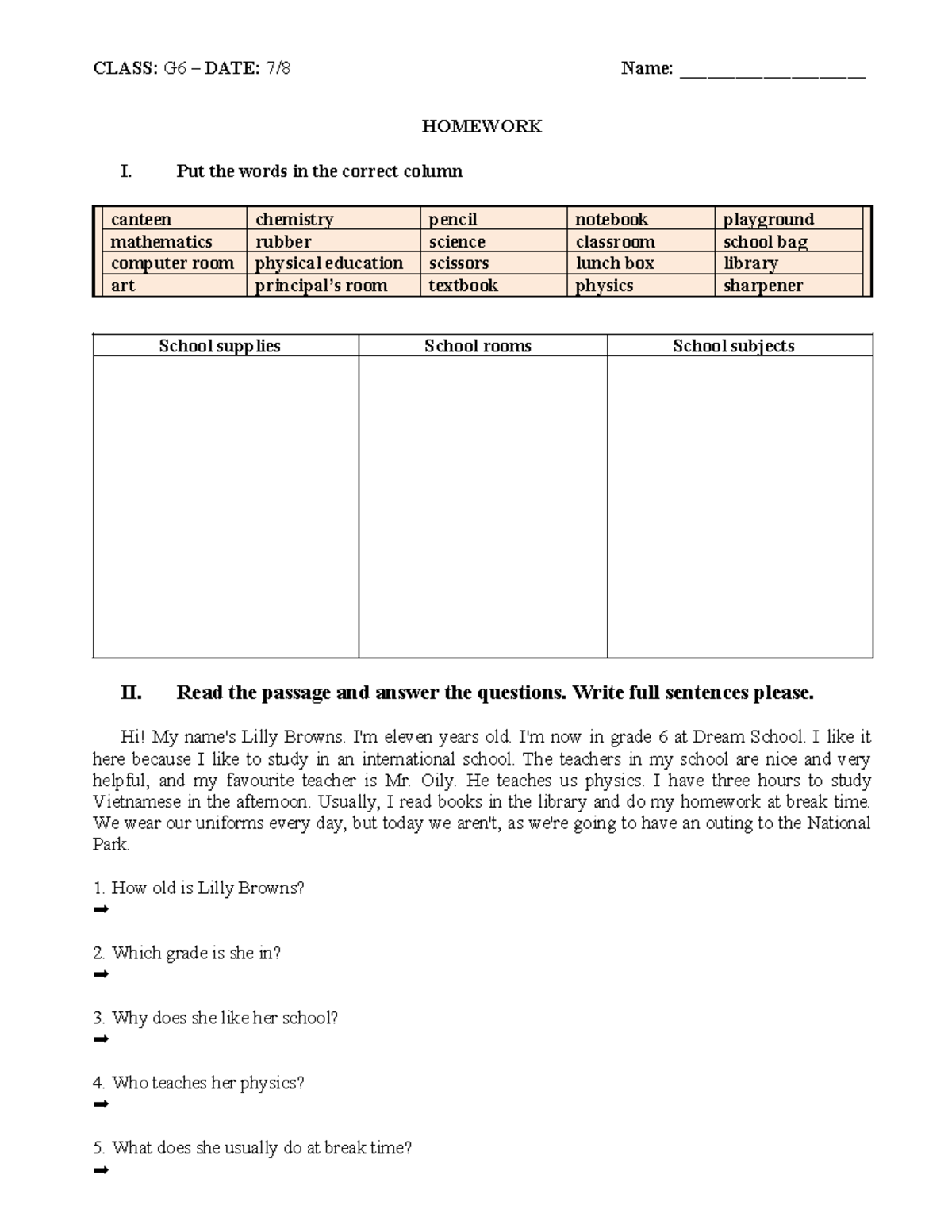 G6 Homework: Vocabulary & Reading Comprehension Unit 1 - Studocu