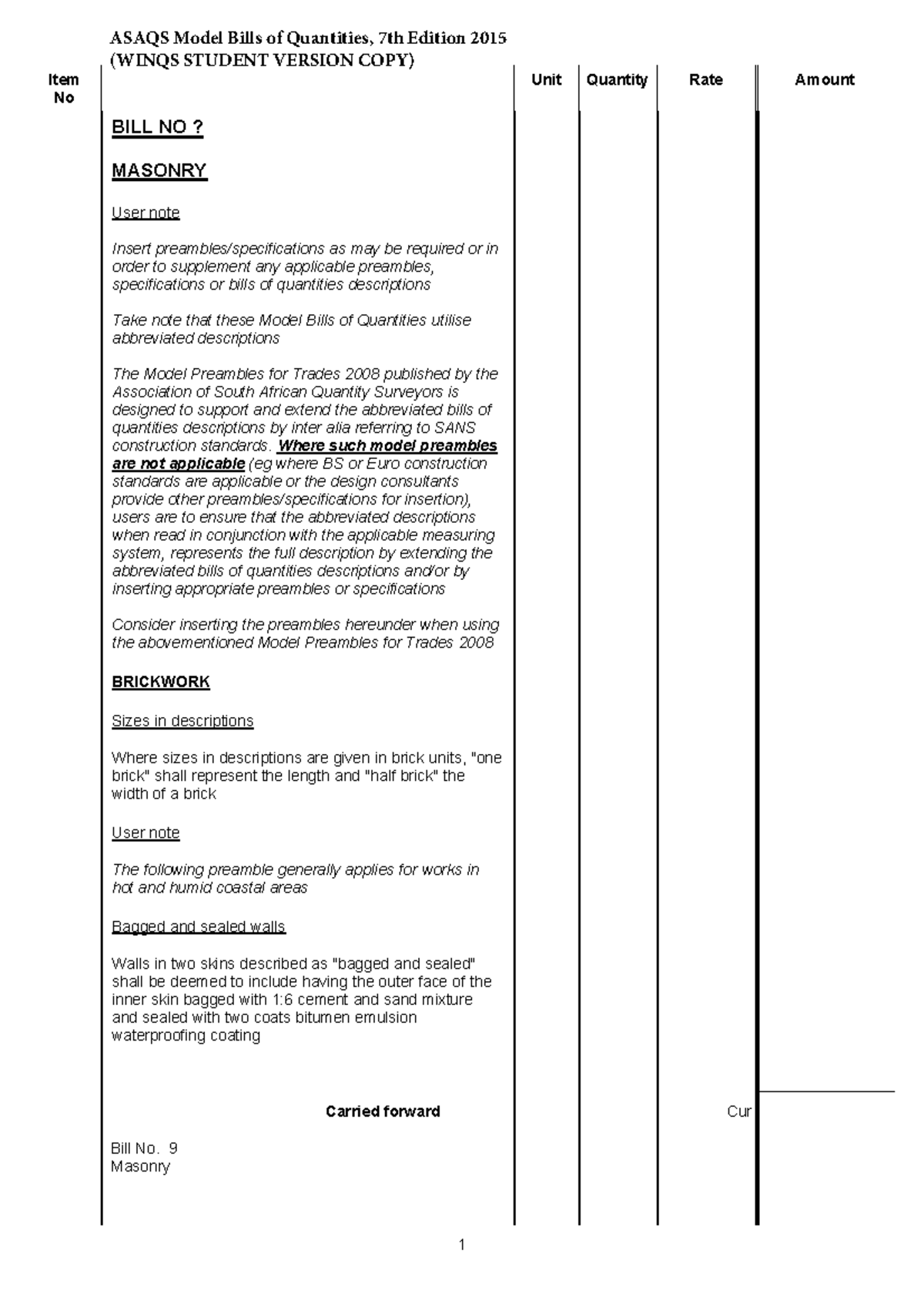 Model BOQ 2015: Detailed Masonry Specifications & Preambles - Studocu