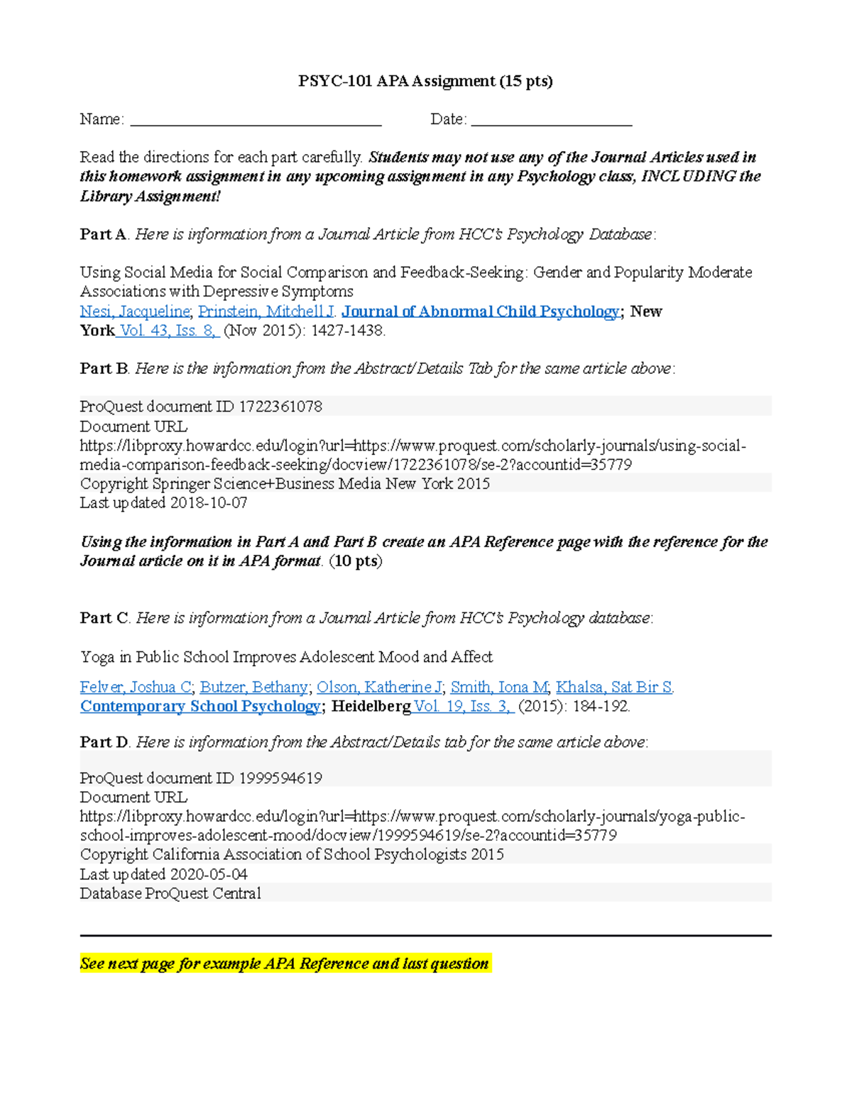 PSYC-101.APA Assignment - Students may not use any of the Journal ...