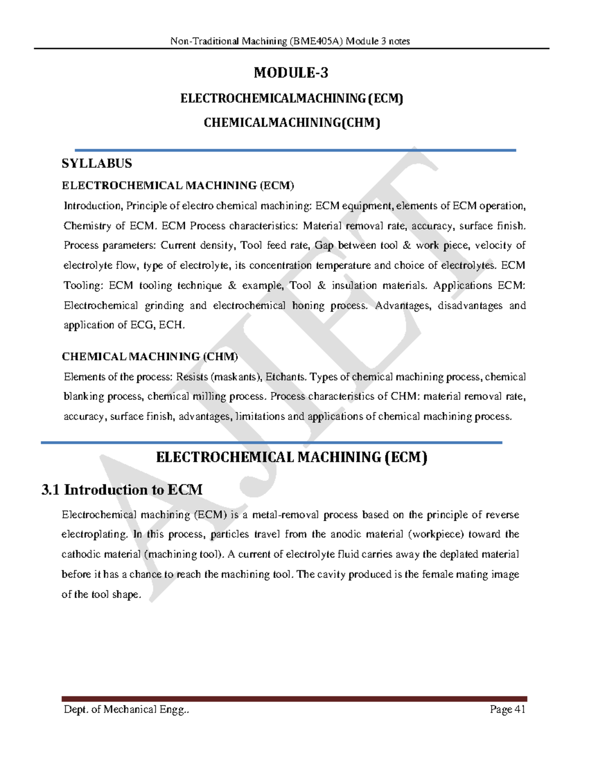 Machining (BME405A) Module 3 Notes: ECM & CHM Processes Overview - Studocu