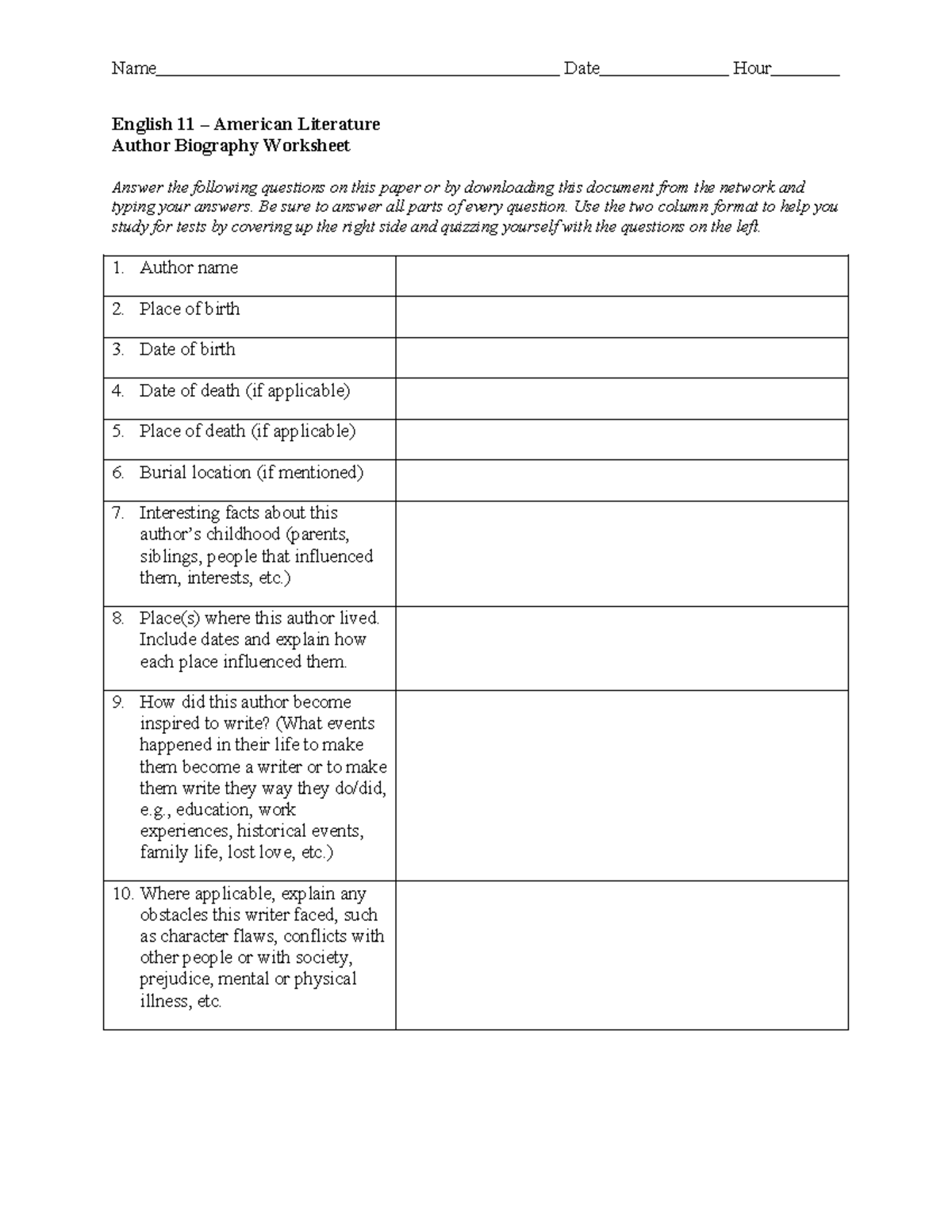 Author biography worksheet - Name Date Hour English 11 – American ...