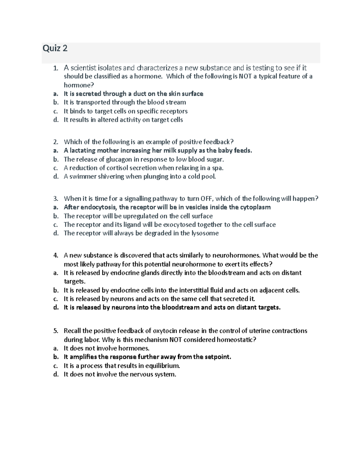Endocrine Quiz 2 Answers: Hormones and Feedback Mechanisms - Studocu