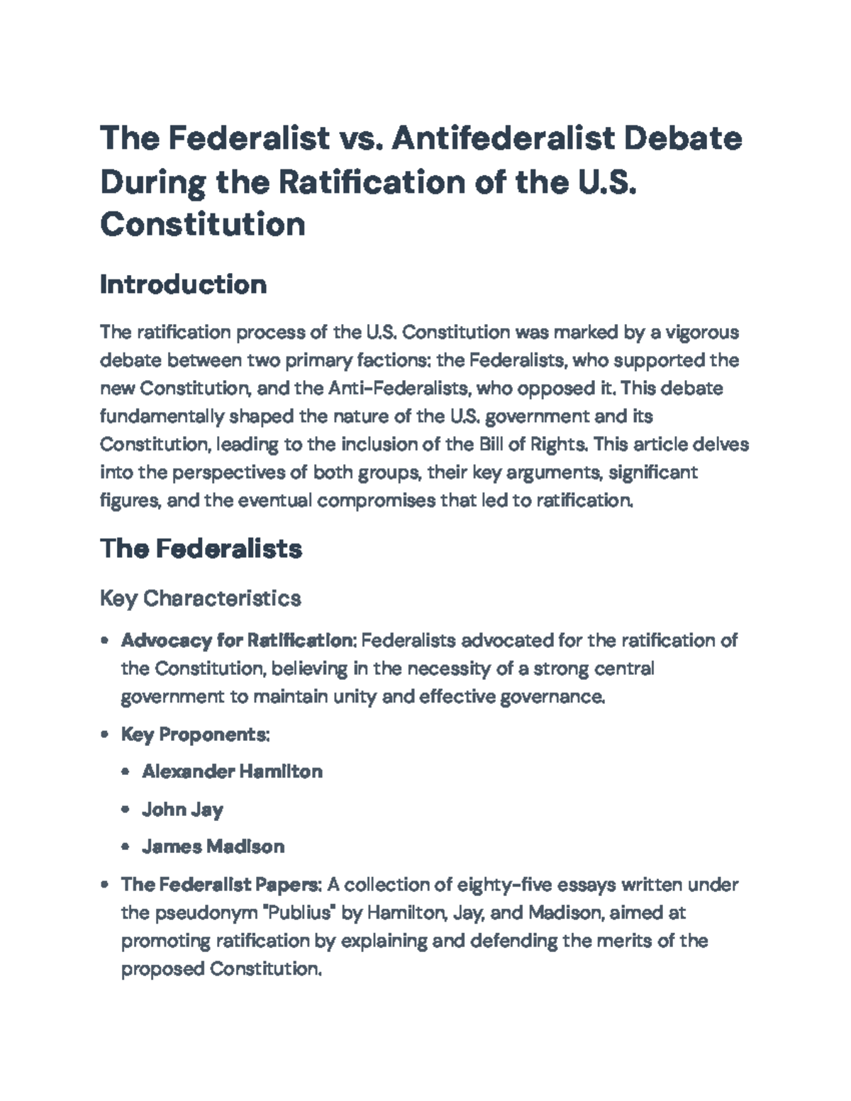 Federalist vs. Anti-Federalist Debate: U.S. Constitution Ratification ...
