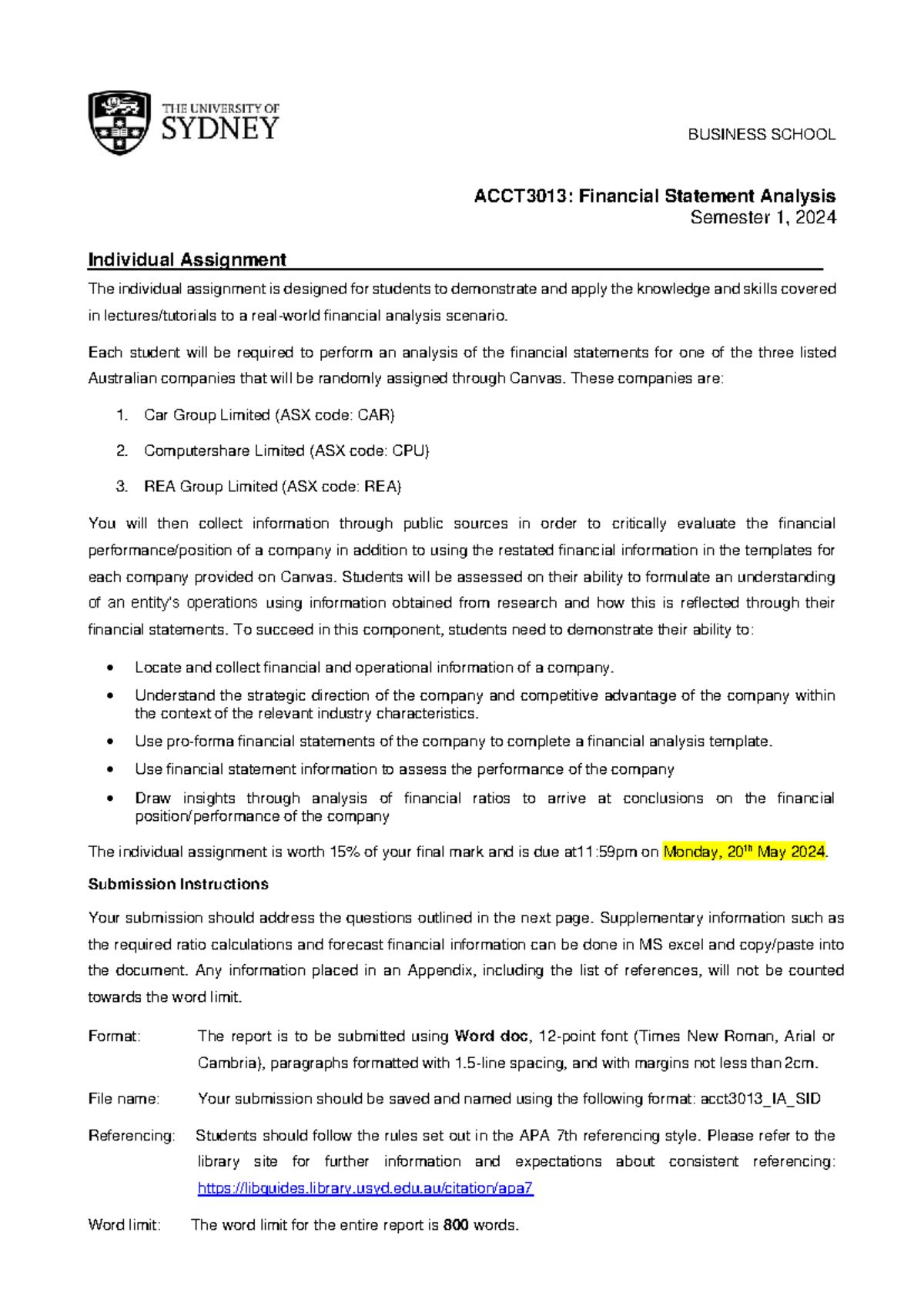 ACCT3013 Individual Assignment - BUSINESS SCHOOL ACCT 3013 : Financial ...
