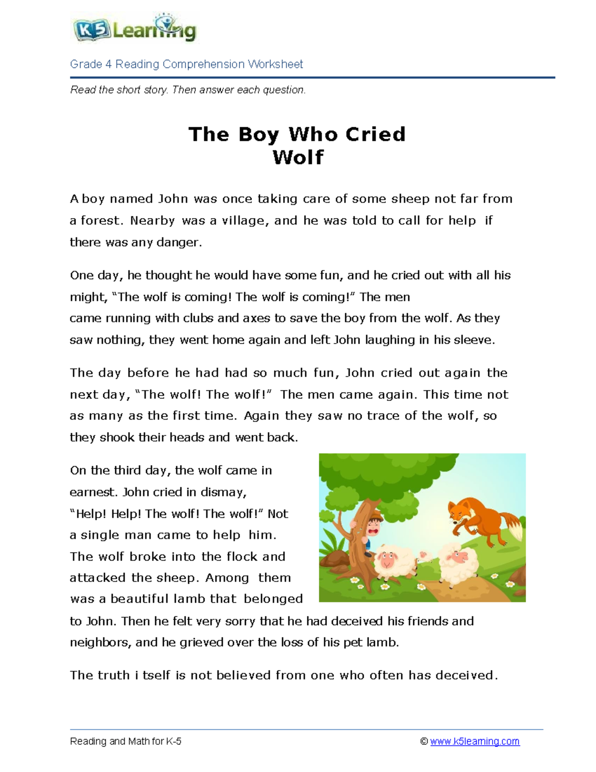 Grade 4 Reading Comprehension: "The Boy Who Cried Wolf" Q&A - Studocu