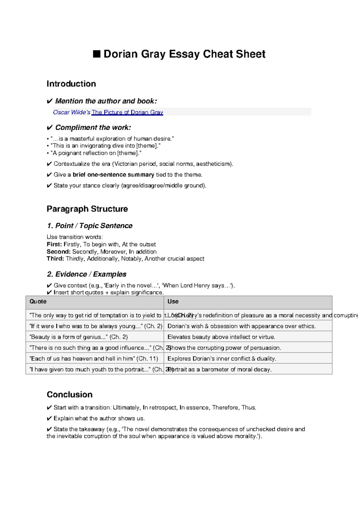 The Picture of Dorian Gray Essay Cheat Sheet: Key Insights & Structure ...