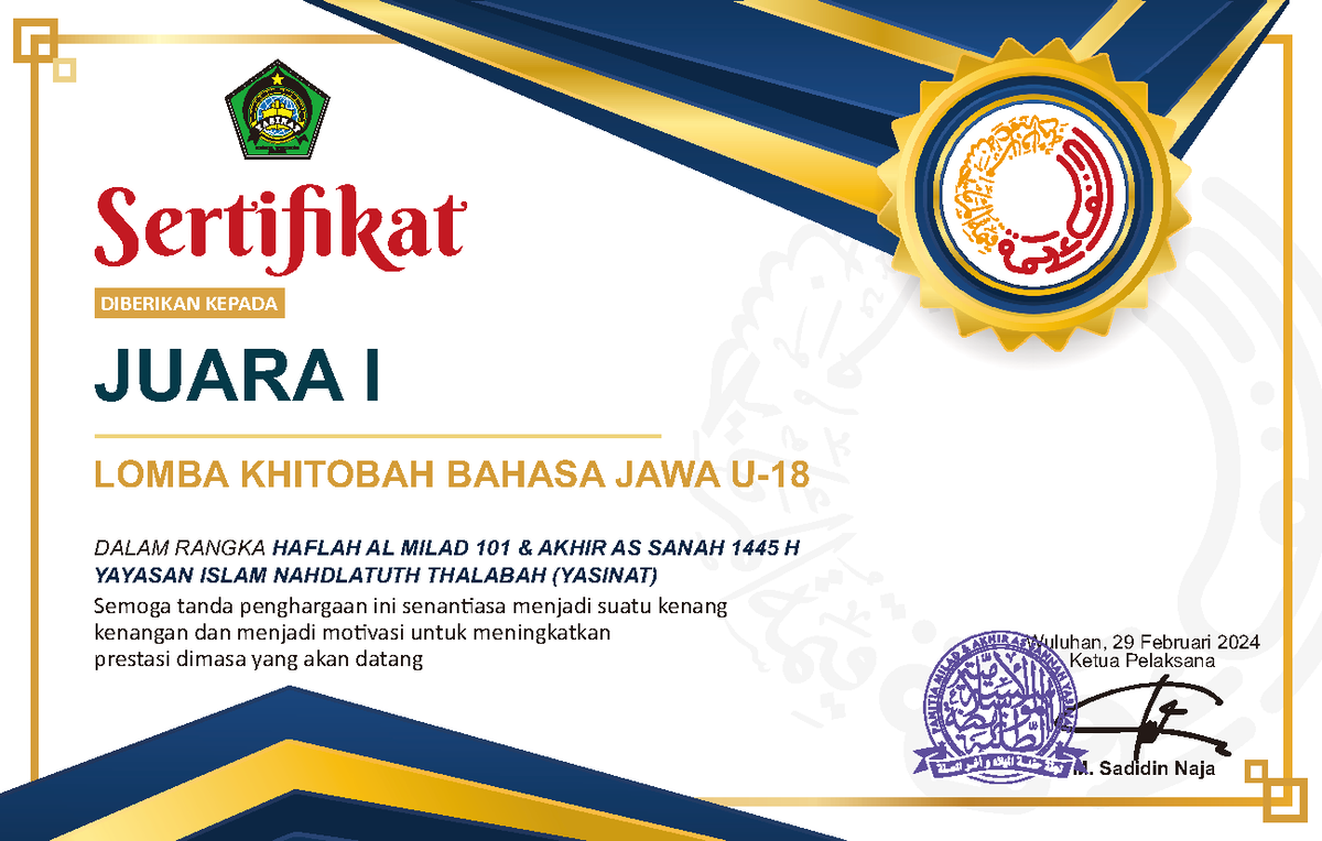 Sertifikat Juara Lomba Khitobah Bahasa Jawa - YASINAT 1445 H - Studocu