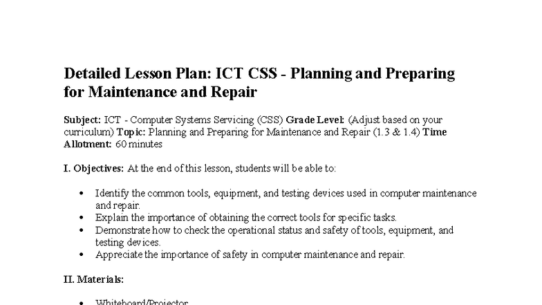 Detailed Lesson Plan: ICT CSS - Maintenance & Repair Tools - Studocu