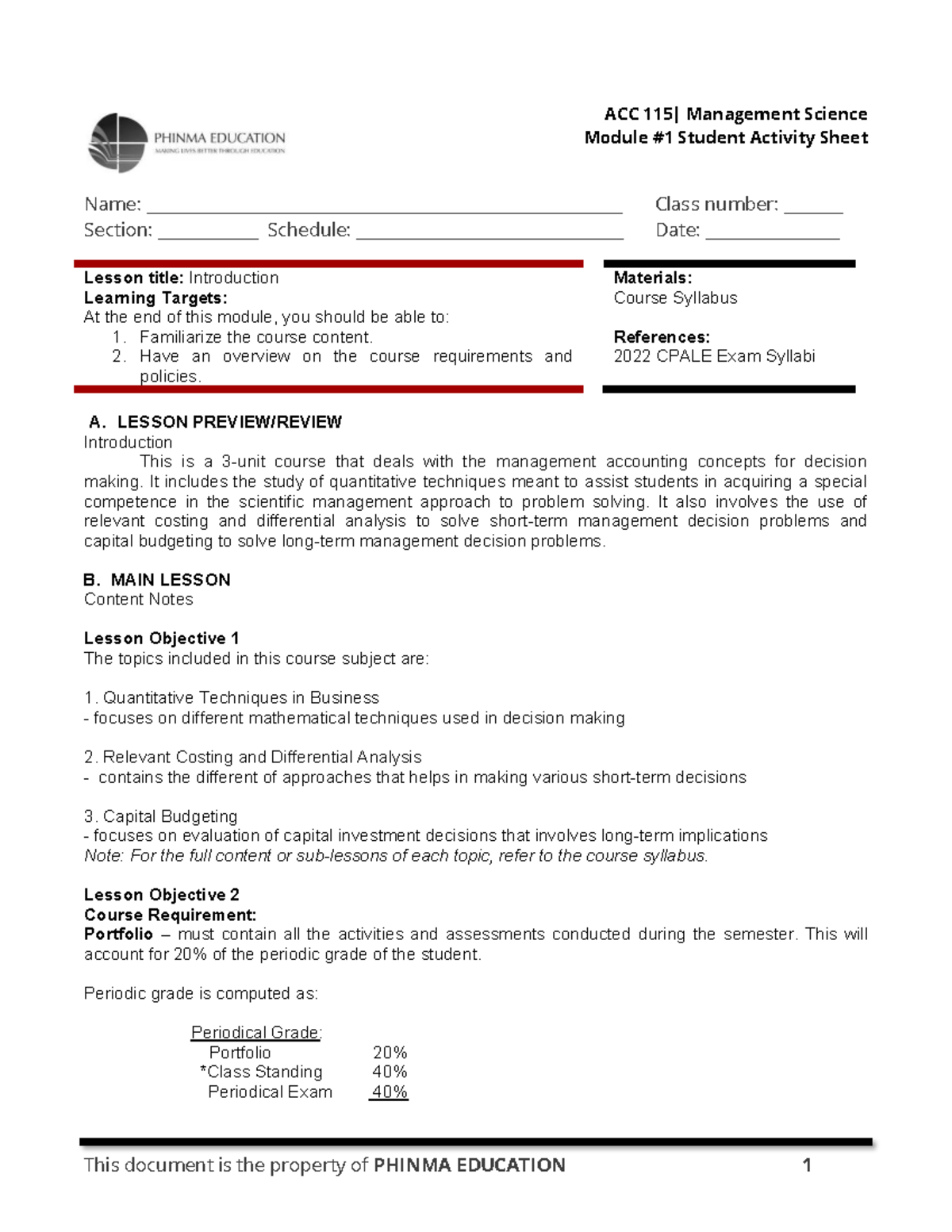 SAS1-ACC115 - Management Science Module Lesson Overview and Policies ...