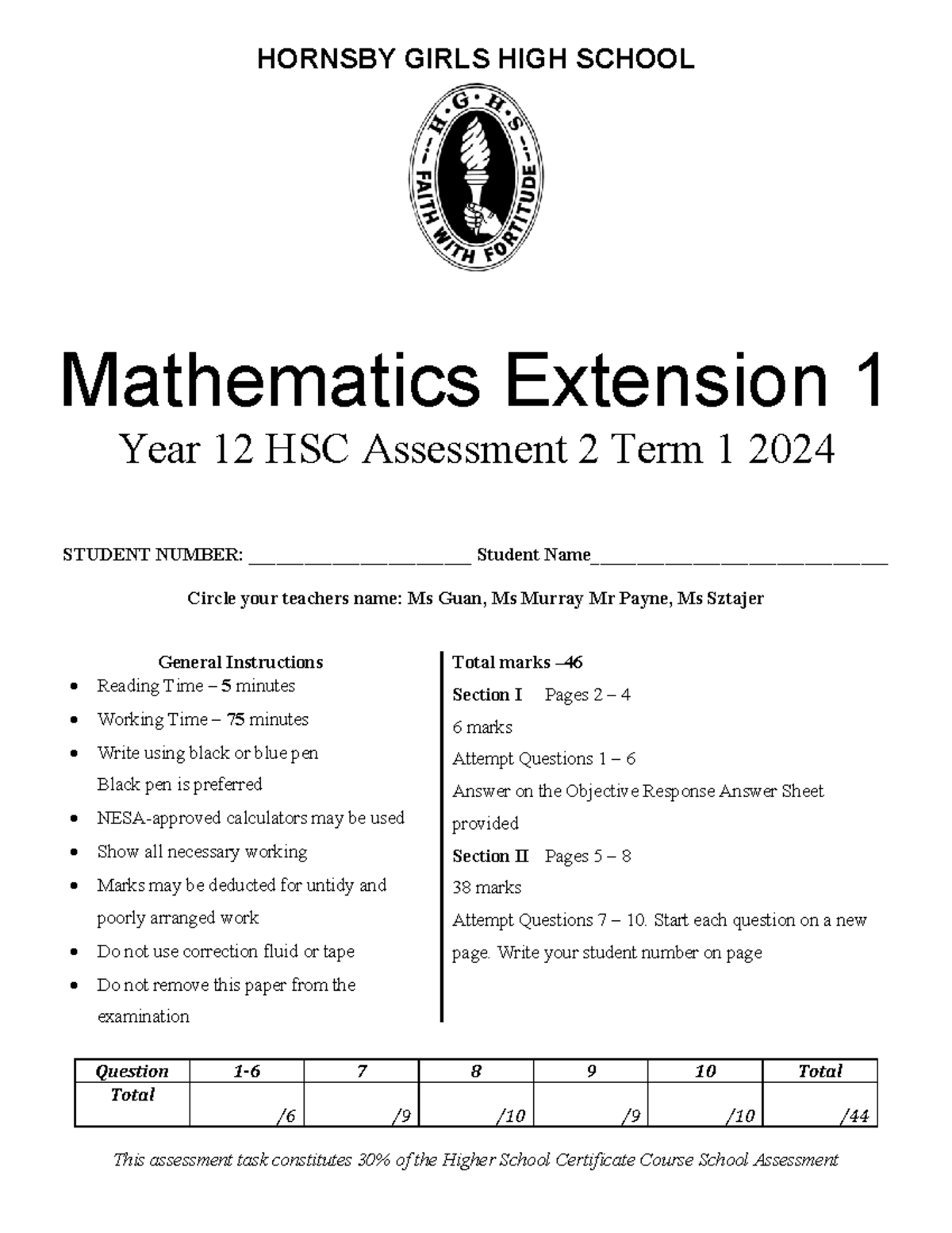 Hornsby Girls High School Year 12 Mathematics Extension 1 HSC ...
