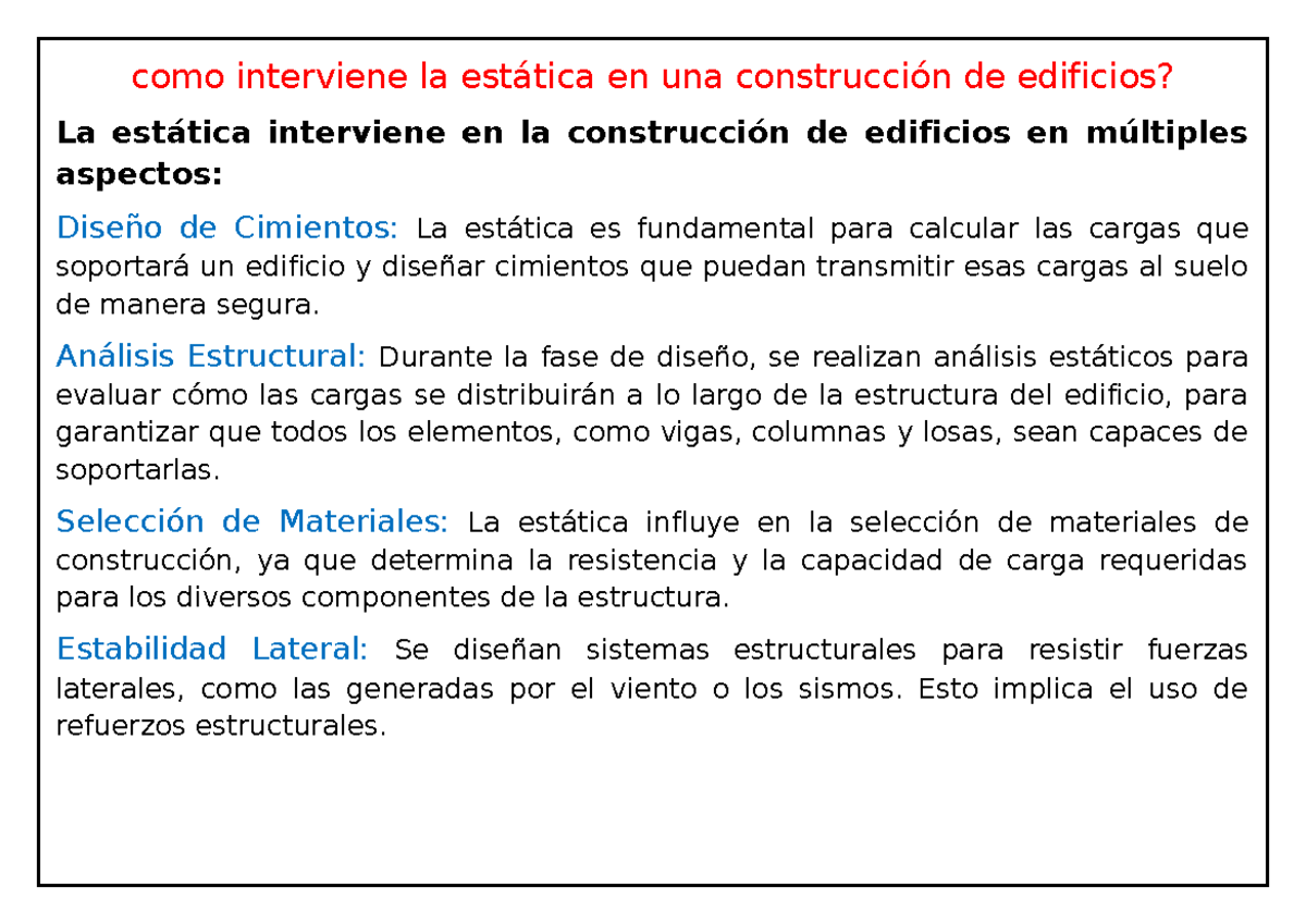 La importacia de la estática en la construcción de edificios - Studocu
