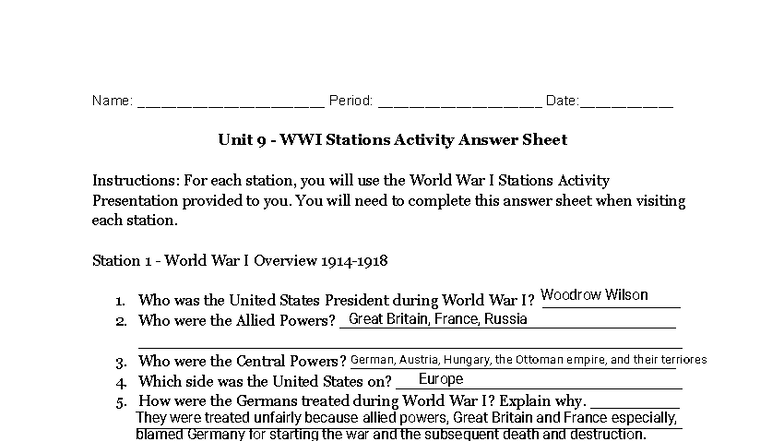 Unit 9 WWI Stations Activity Answer Sheet - Ms. Spies 97797 - Studocu
