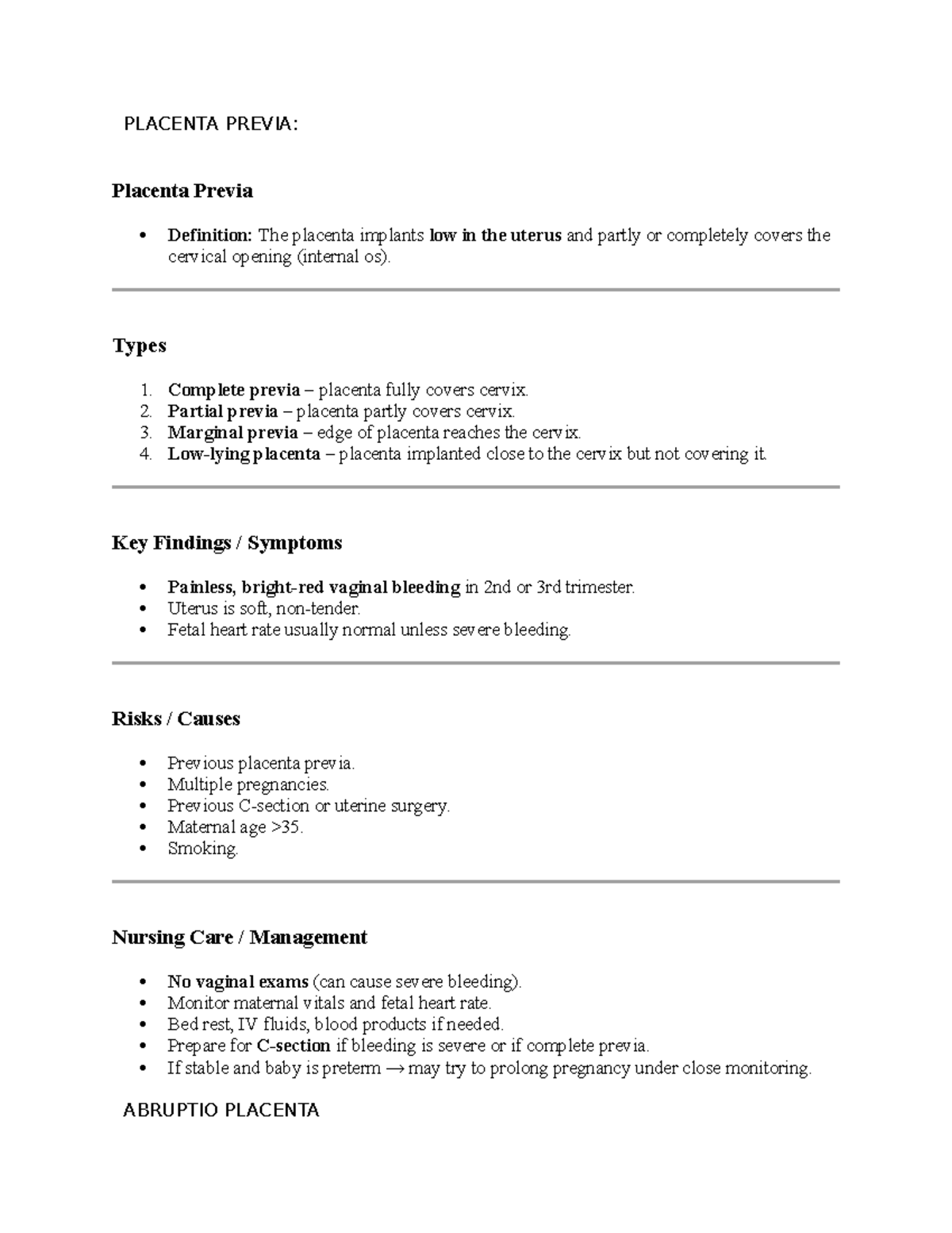 PLACENTA PREVIA & ABRUPTIO PLACENTA: Key Definitions & Care Notes - Studocu