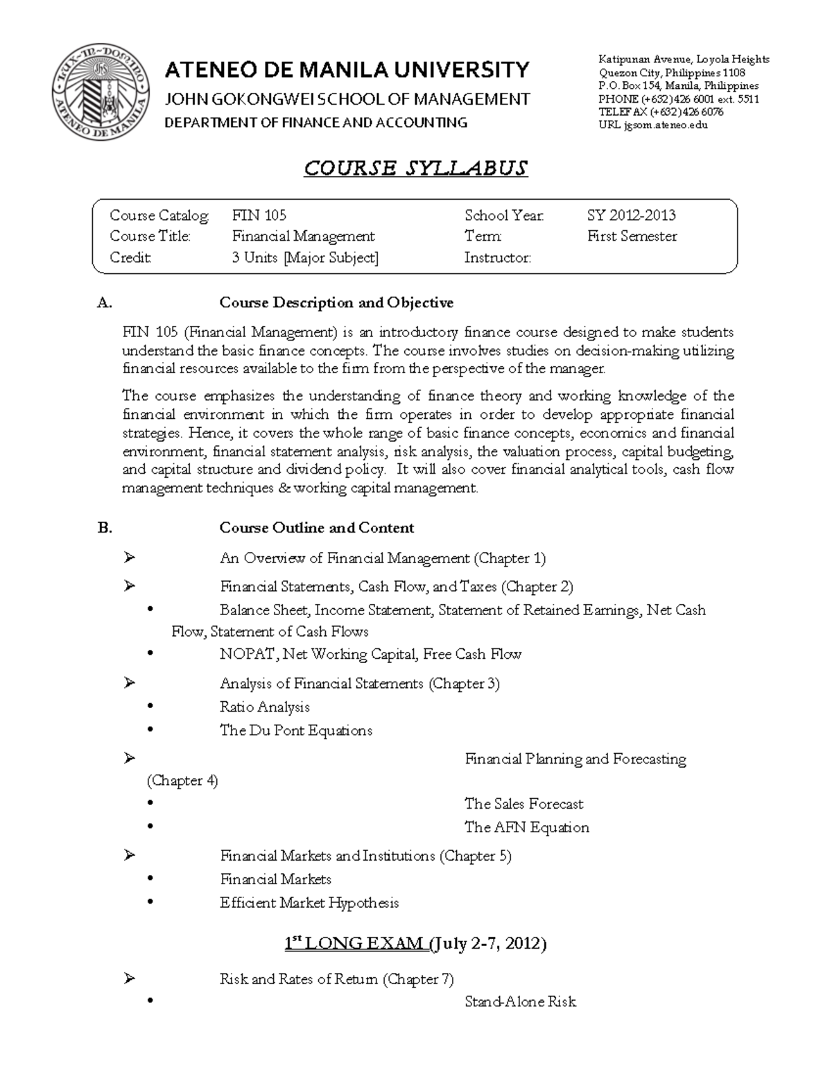 FIN 105 Financial Management Course Syllabus 2012-2013 - Studocu
