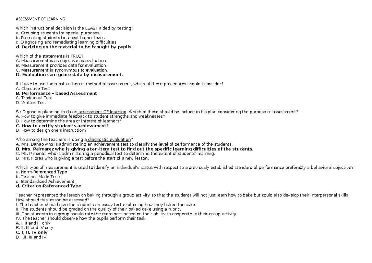 Assessment of Learning: SET 1-5 Exam Review and Practice Questions ...
