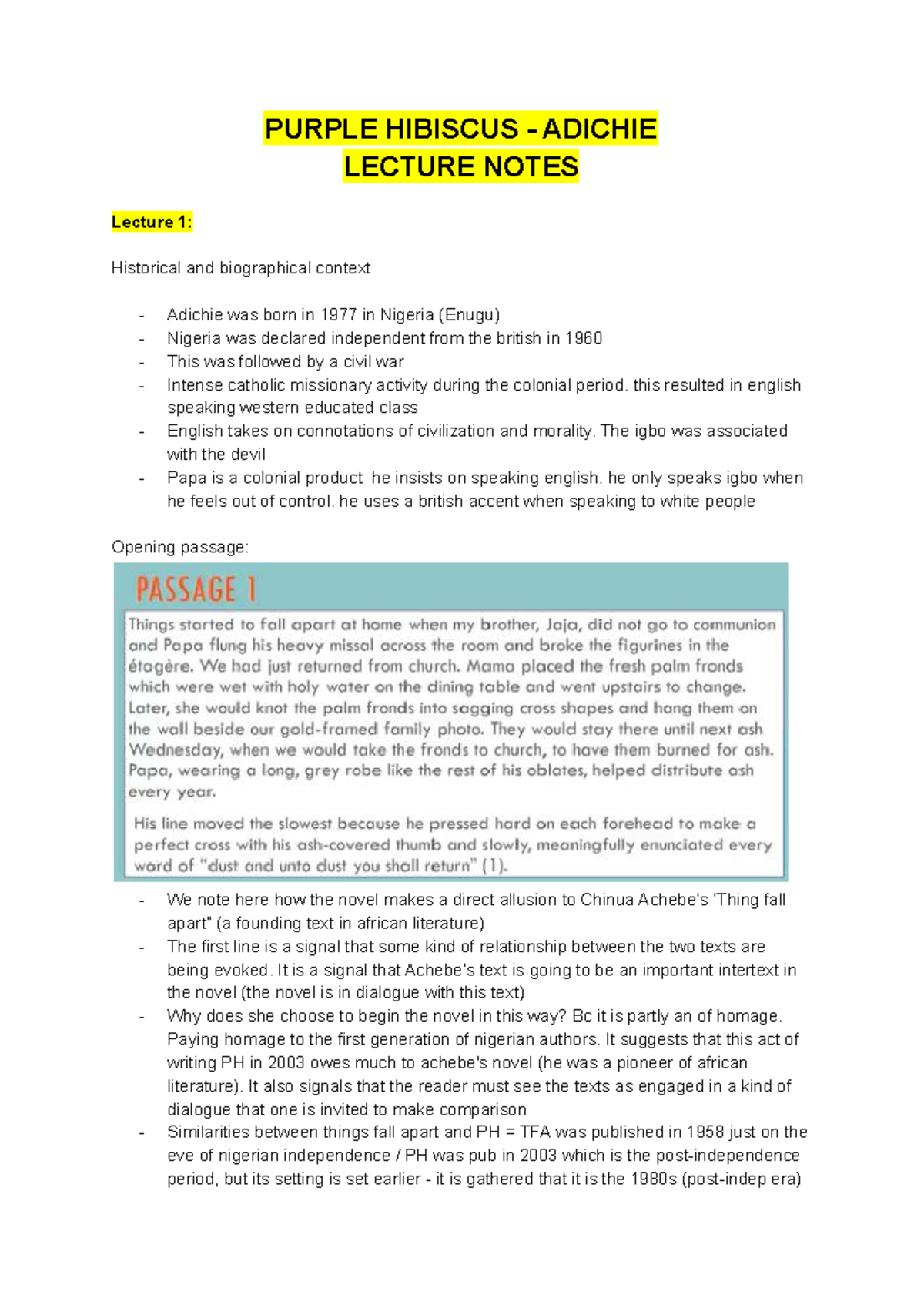 Purple Hibiscus Lecture Notes 241129 114201 - PURPLE HIBISCUS - ADICHIE ...