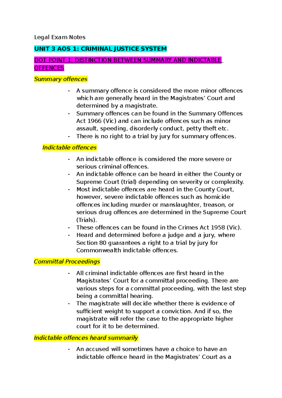 Legal Exam Notes: Unit 3 AOS 1 - Criminal Justice System Overview - Studocu