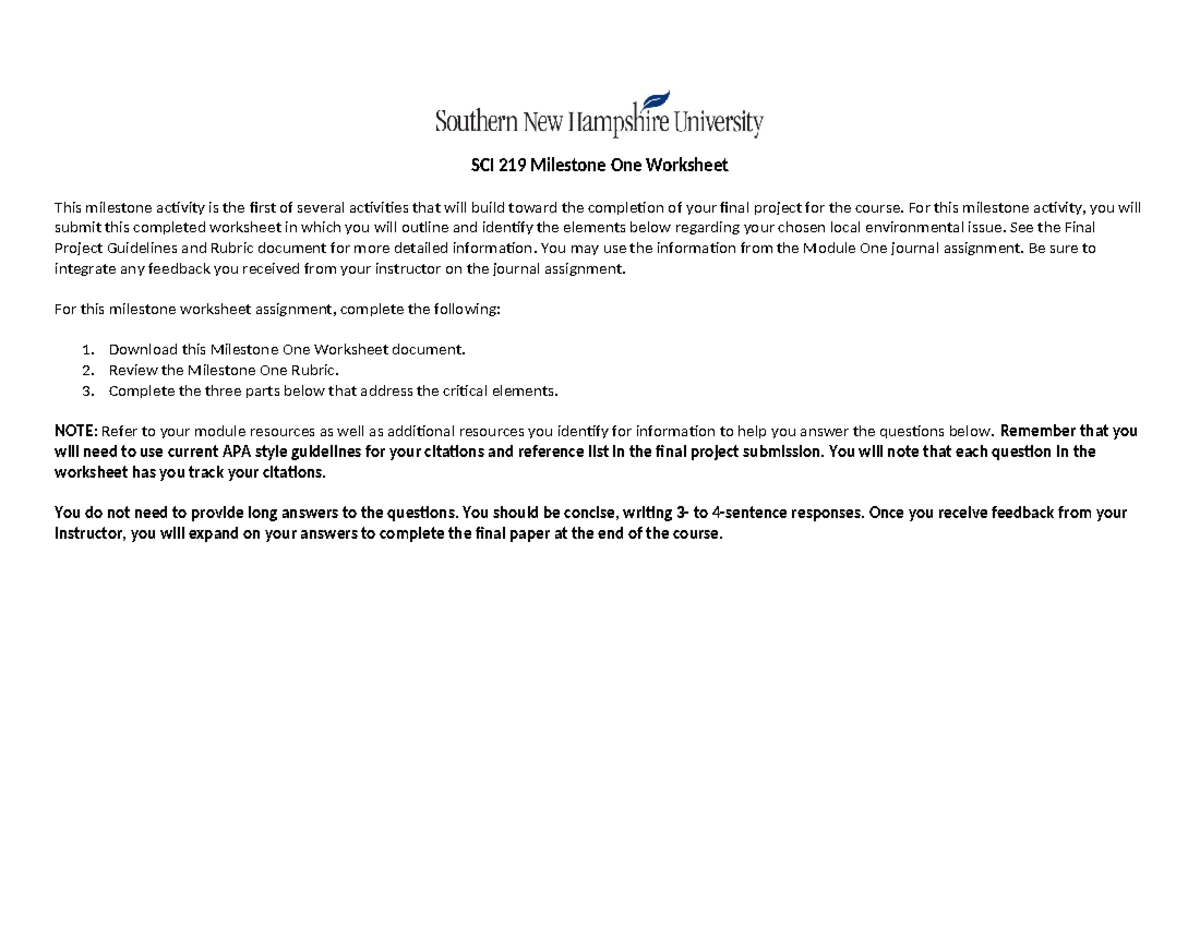 SCI 219 Milestone One Worksheet: Local Environmental Issue Analysis ...
