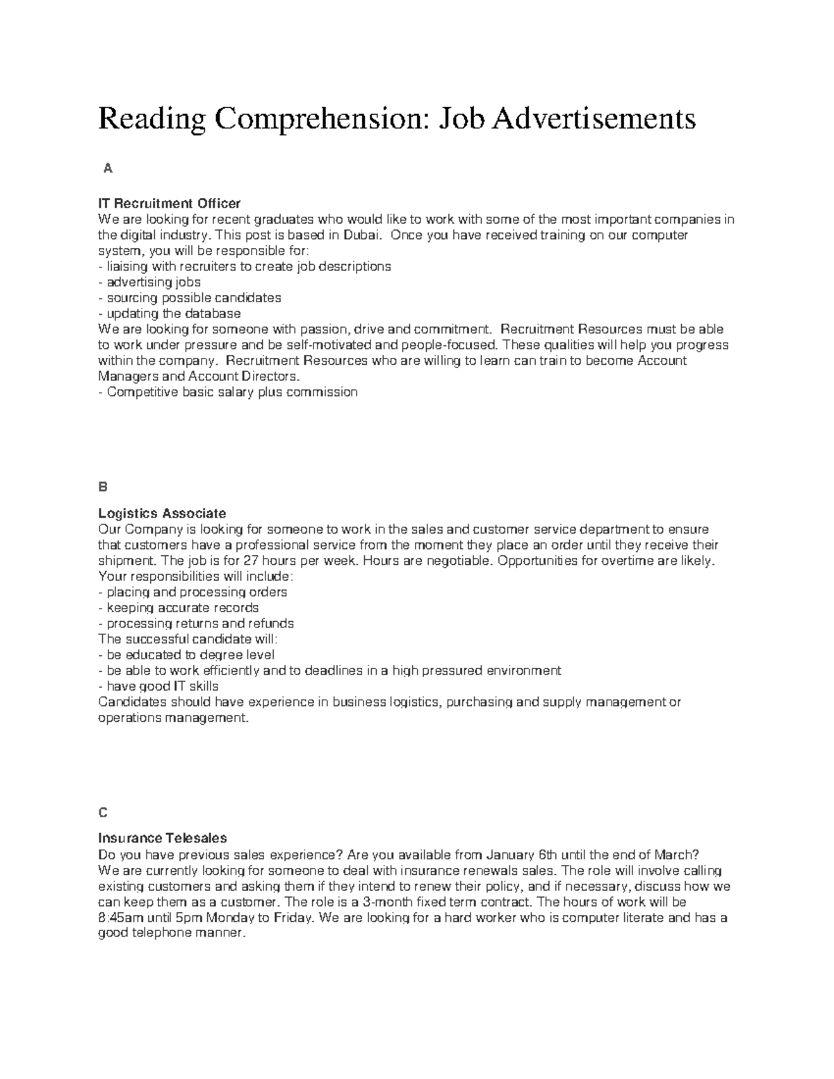 Reading Comprehension: Analyzing Job Advertisements for Skills - Studocu