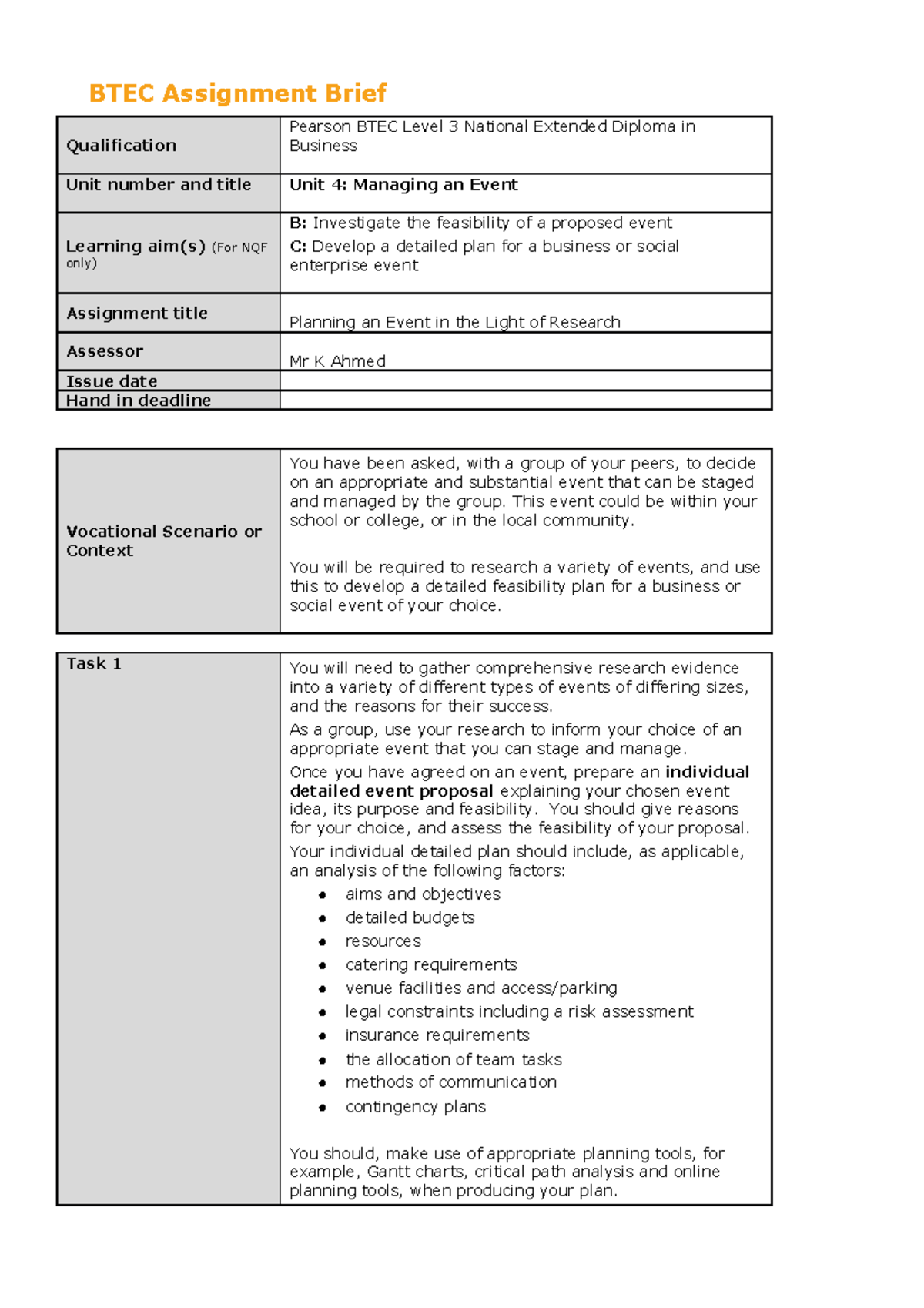 BTEC Unit 4 Assignment Brief: Planning an Event (Aims B & C) - Studocu