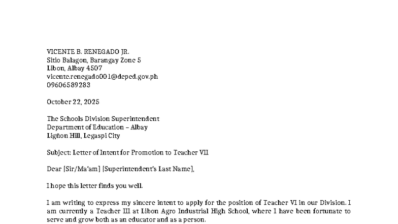 Letter of Intent for Promotion to Teacher VI - VIC 2025 - Studocu