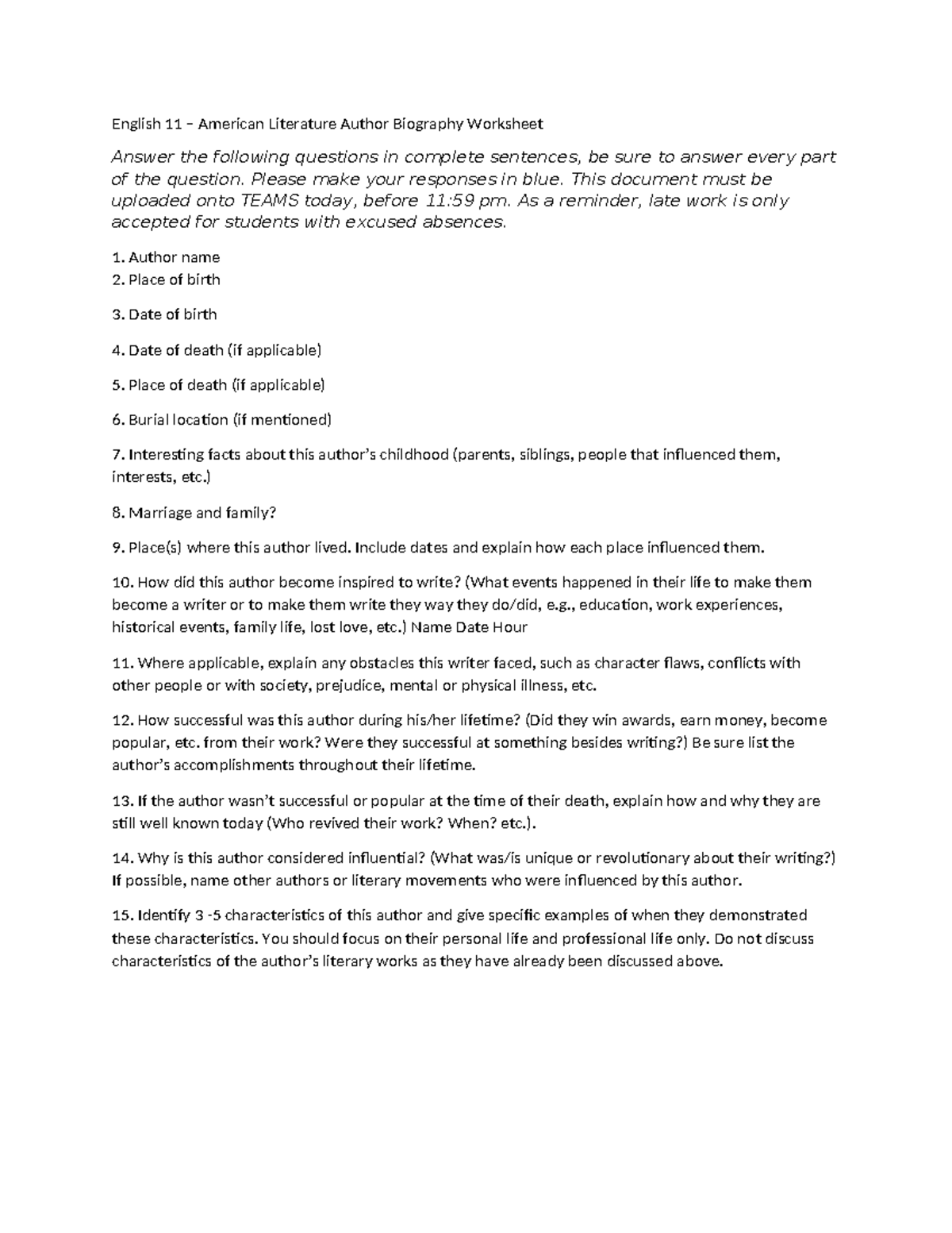 Author Biography WS - chicken - English 11 – American Literature Author ...