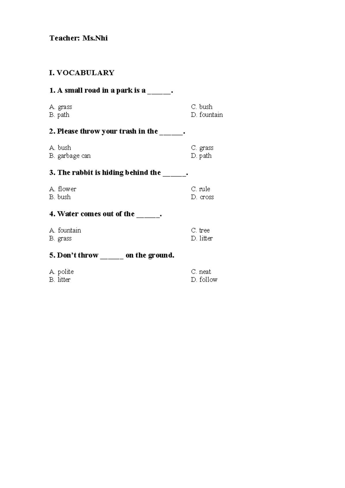 Unit 9 Vocabulary & Grammar Practice - Teacher: Ms. Nhi - Studocu