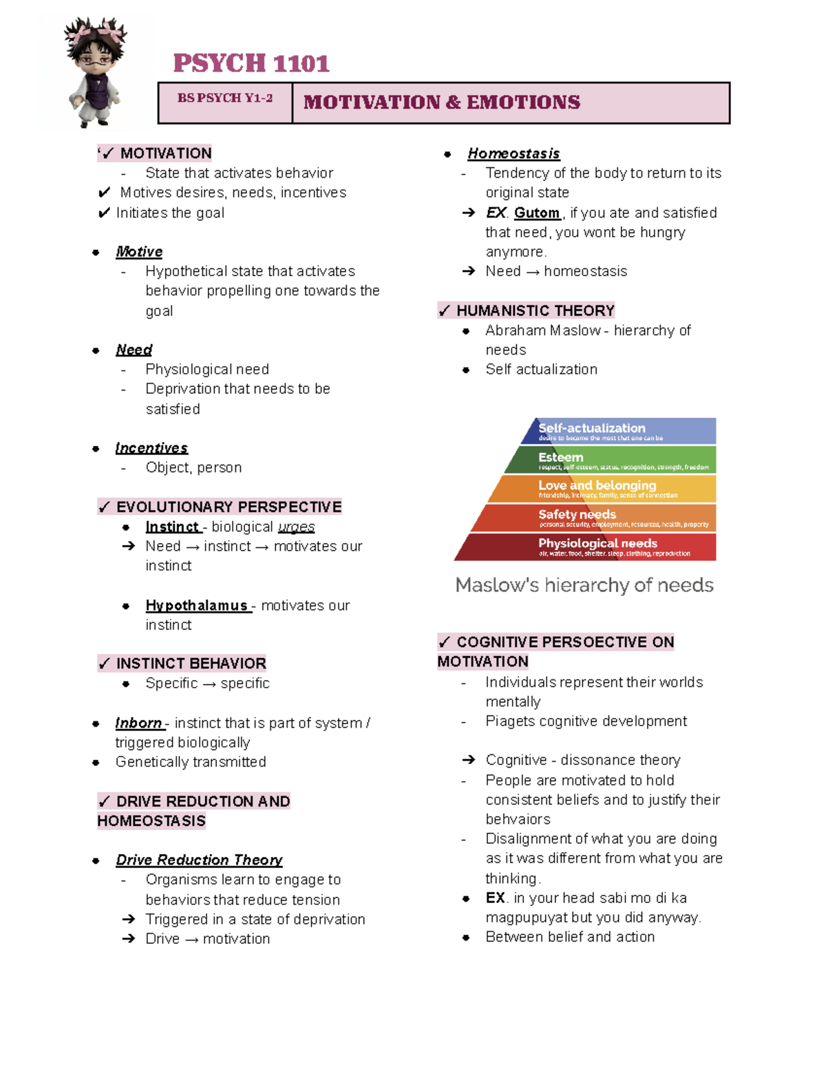ITP - PSYCH 1101: Motivation & Emotion Overview and Key Concepts - Studocu