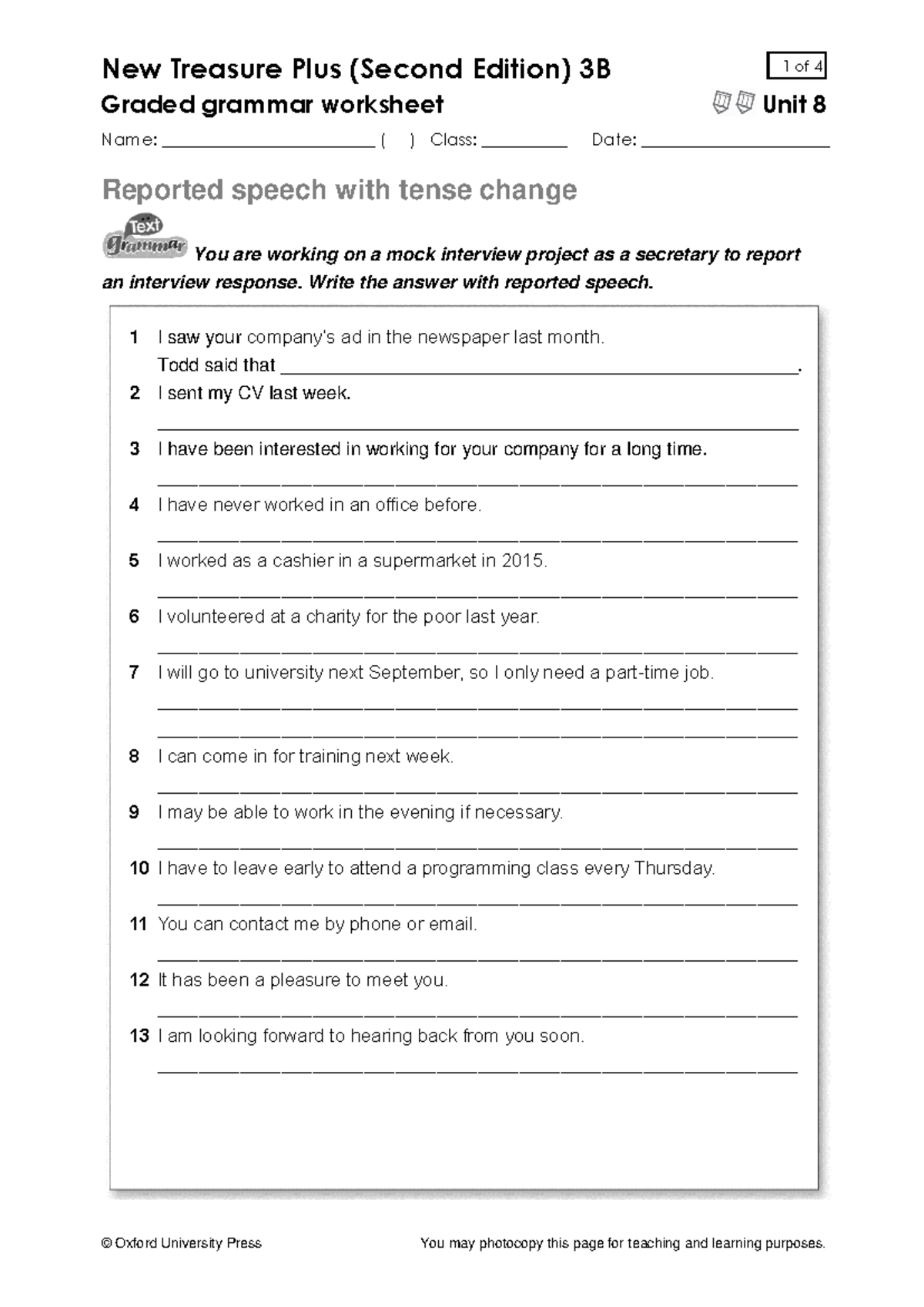 New Treasure Plus 3B Graded Grammar Worksheet: Reported Speech & Tenses ...