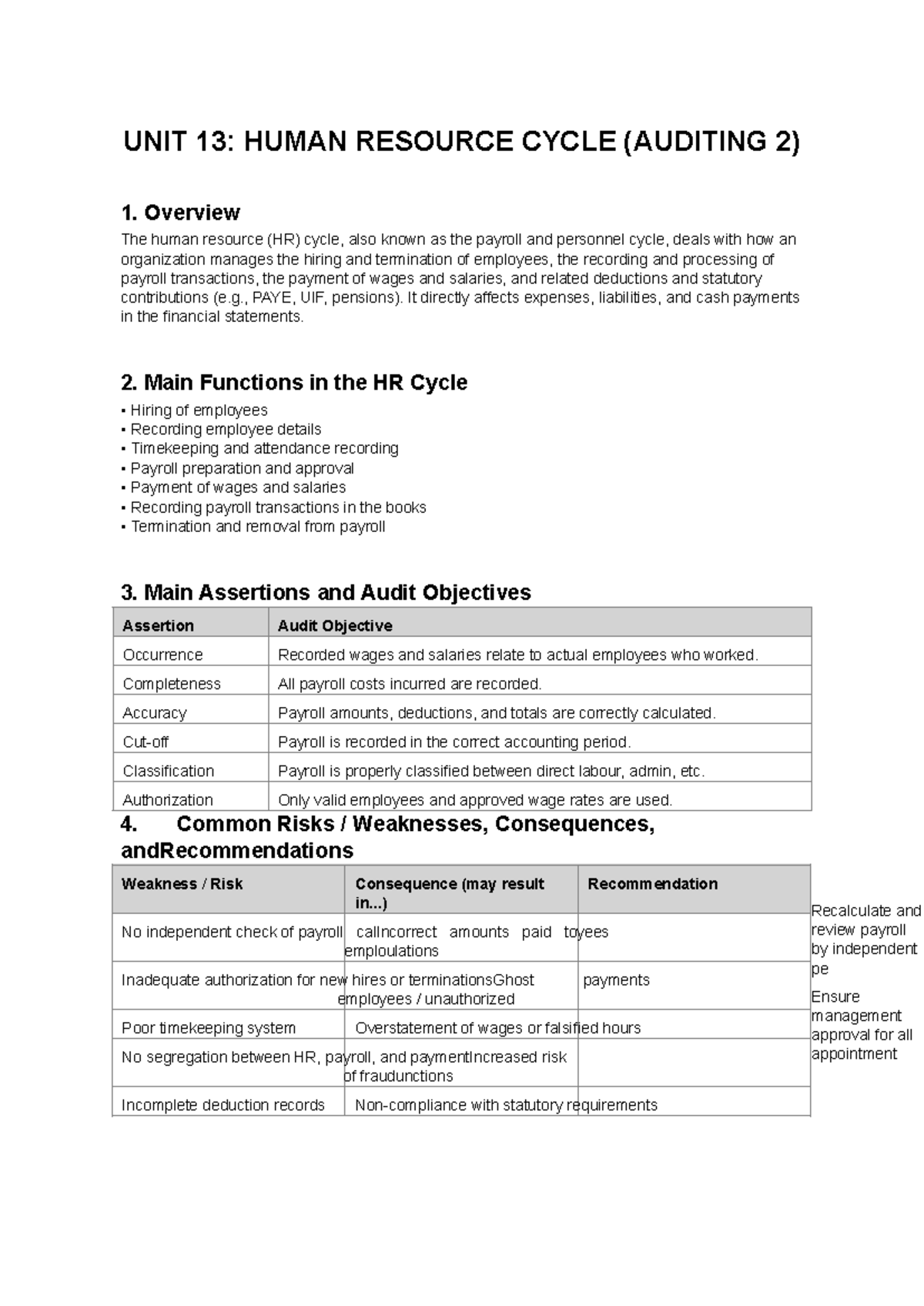 Human Resource Cycle Overview and Audit Objectives (AUDITING 2) - Studocu
