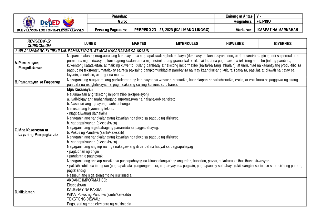 G5 FILIPINO DAILY LESSON LOG Q4 W5 - FEBRUARY 23-27, 2026 - Studocu