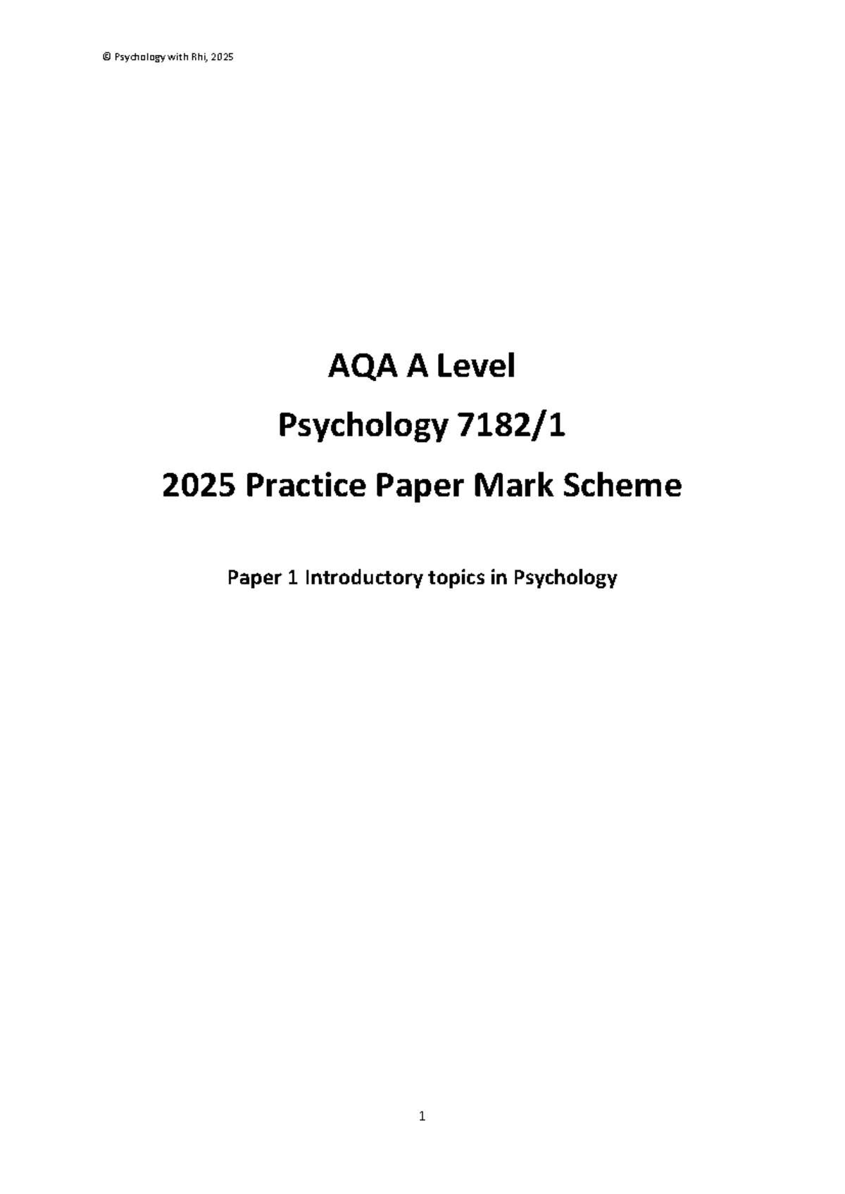 2025 AQA A Level Psychology Paper 1 Practice Mark Scheme - Studocu