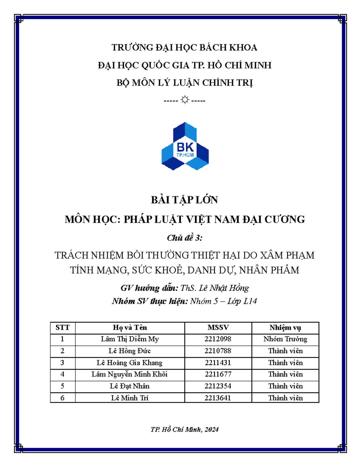 BTL PLDC - L14 - Nhóm 5 - Bài Tập Lớn: Trách Nhiệm Bồi Thường Thiệt Hại - Studocu