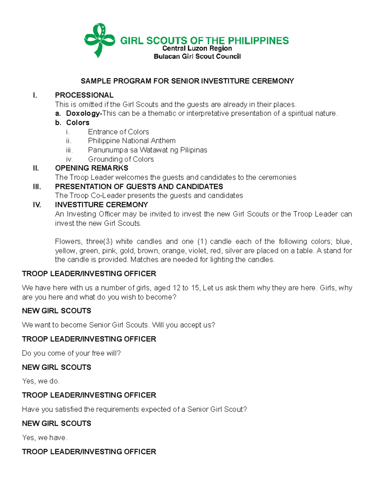 Senior Investiture Ceremony Program Guide - Studocu