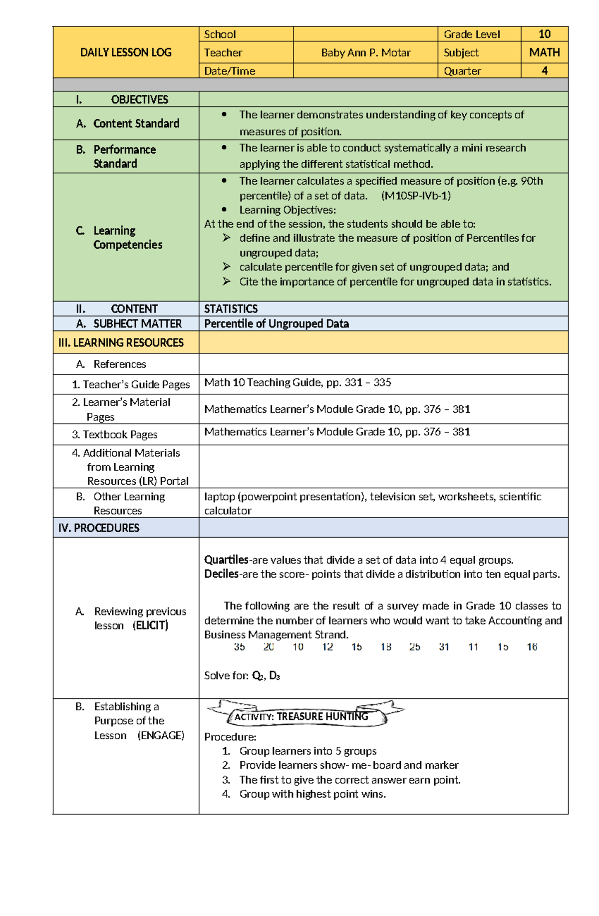 MATH 10 Daily Lesson Log: Understanding Percentiles in Ungrouped Data ...