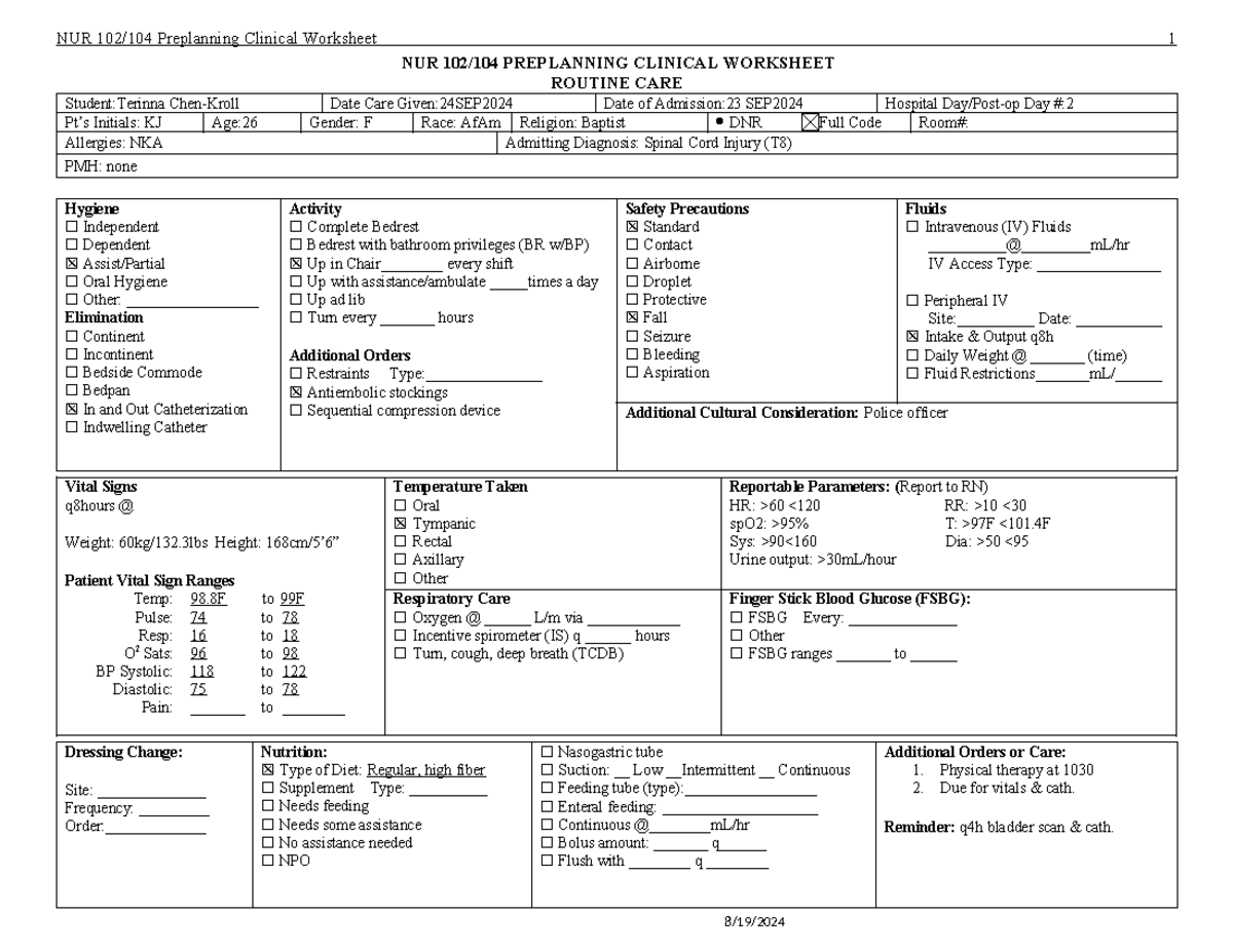 CWS Kim J - Careplanning - NUR 102/104 PREPLANNING CLINICAL WORKSHEET ...