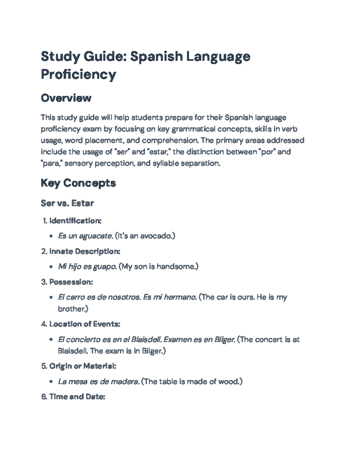 Study Guide: Spanish Language Proficiency Concepts and Skills - Study ...